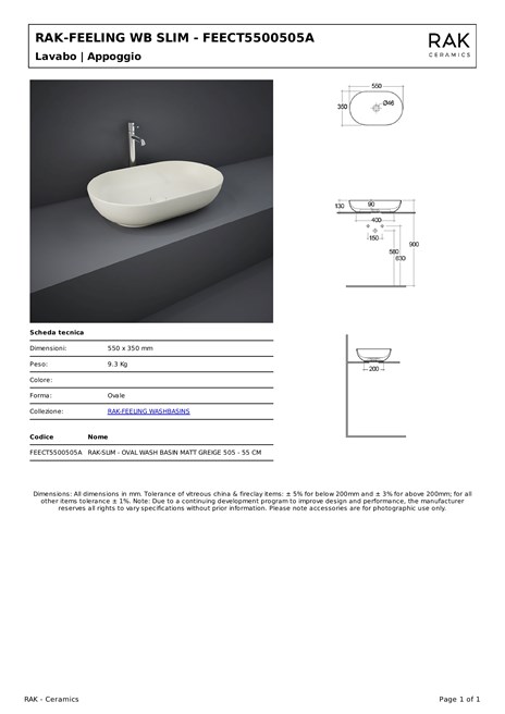 RAK-FEELING | Lavabo ovale Collezione RAK-Feeling By RAK Ceramics