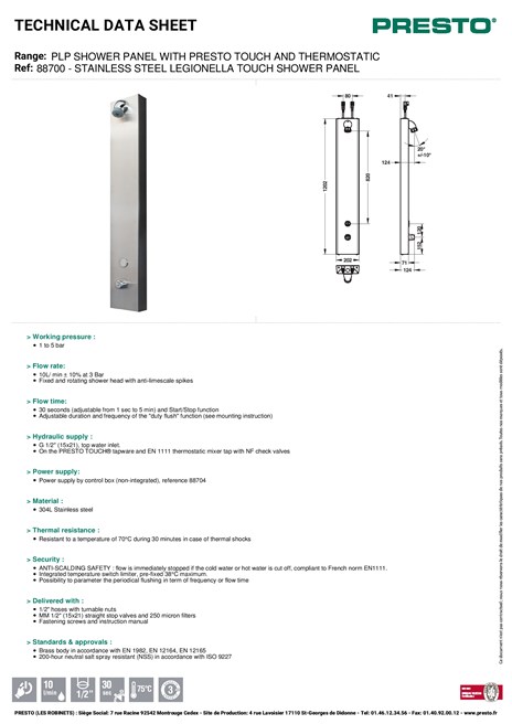 Thermostatic shower panel PRESTO PLP INOX By PRESTO