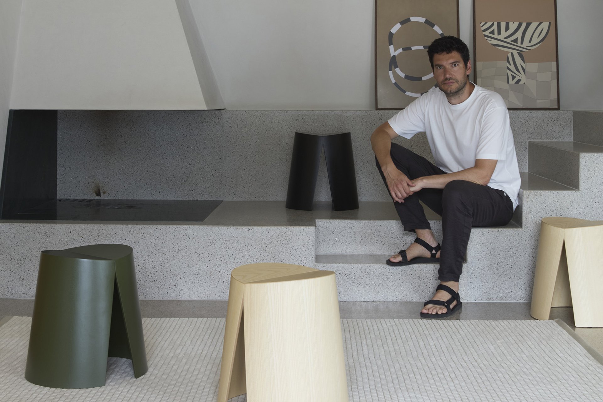Zilio A&C wooden stool and bench designed by Alessandro Stabile