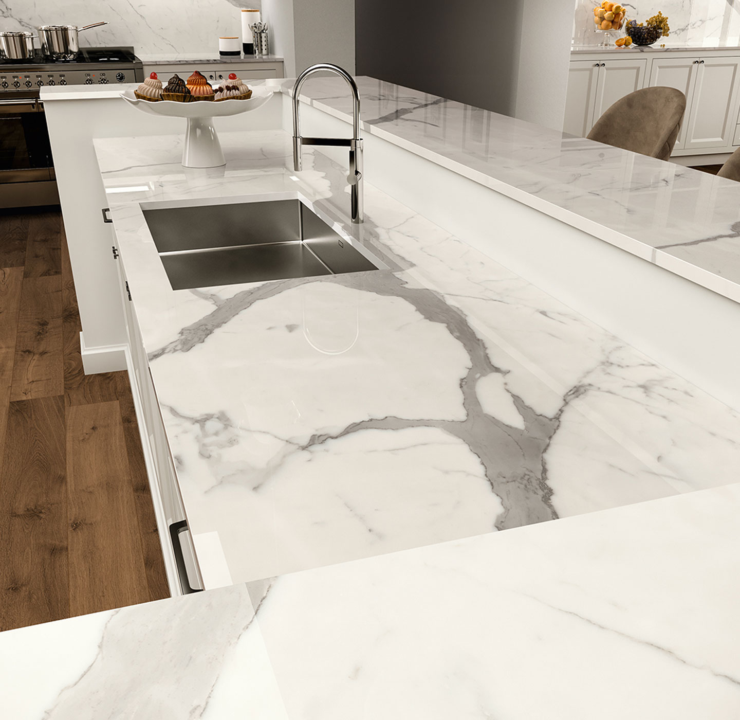 Marble look slabs with through-body vein by Atlas Plan