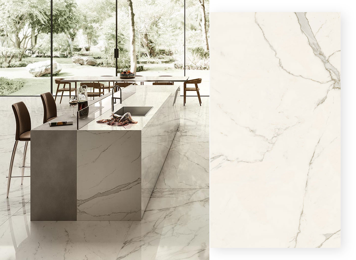Marble look slabs with through-body vein by Atlas Plan