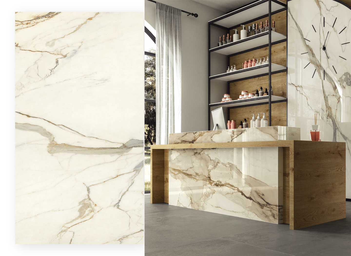 Marble look slabs with through-body vein by Atlas Plan