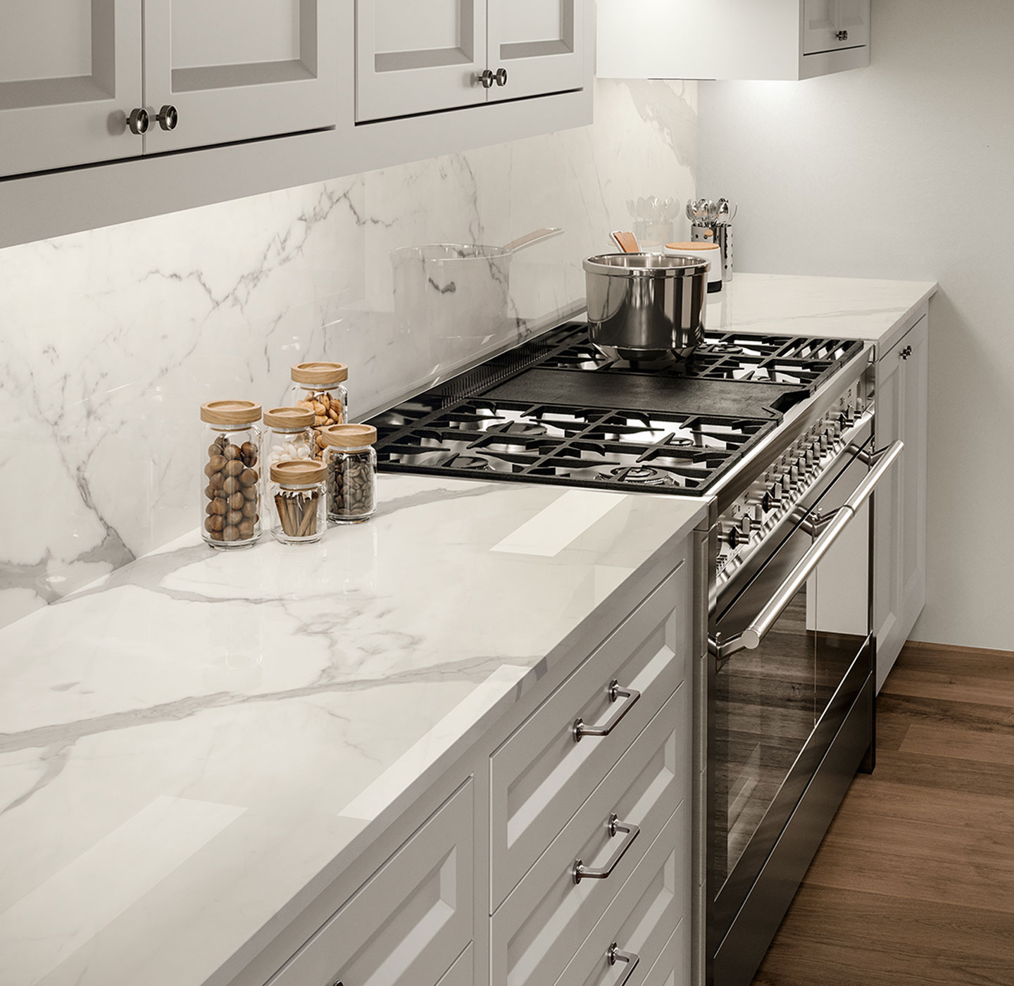 Marble look slabs with through-body vein by Atlas Plan