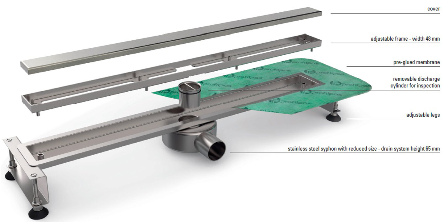 Profilpas drains and profiles for floor-level showers