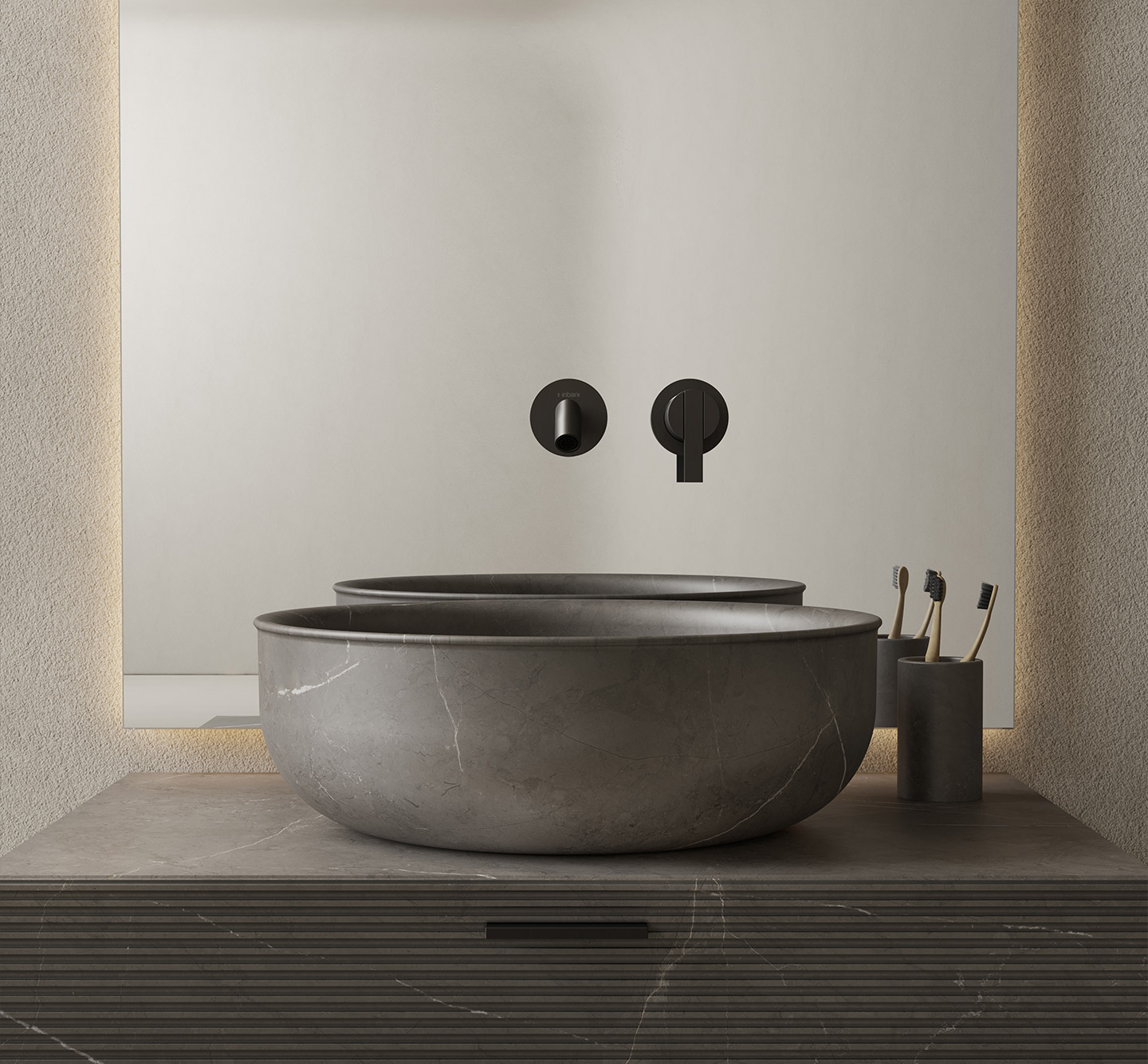 Inbani, Grate washbasins: a continuing contrast between light and shadow