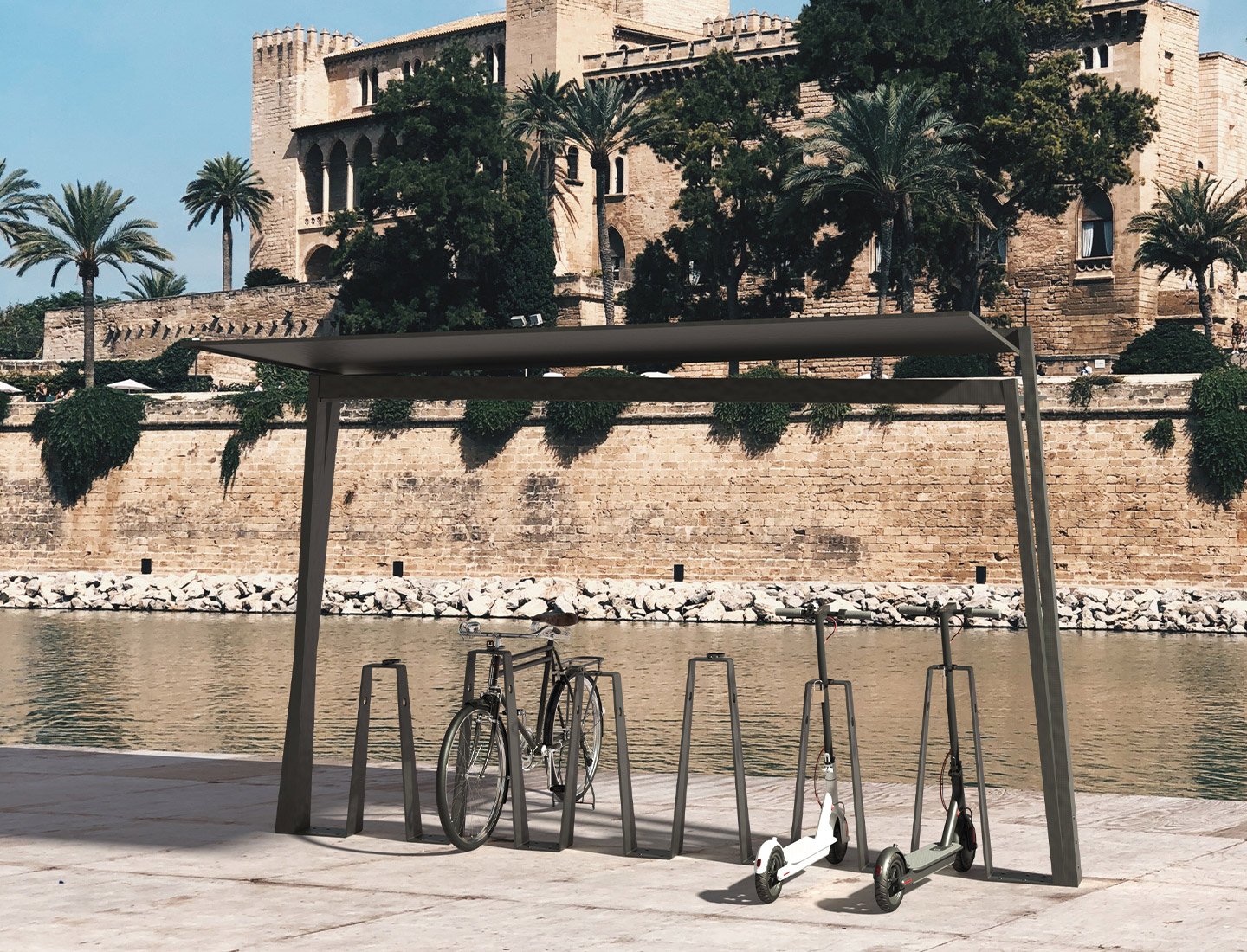 Rhang shelter and Wave Strip bike rack: Urban furniture by Lab23