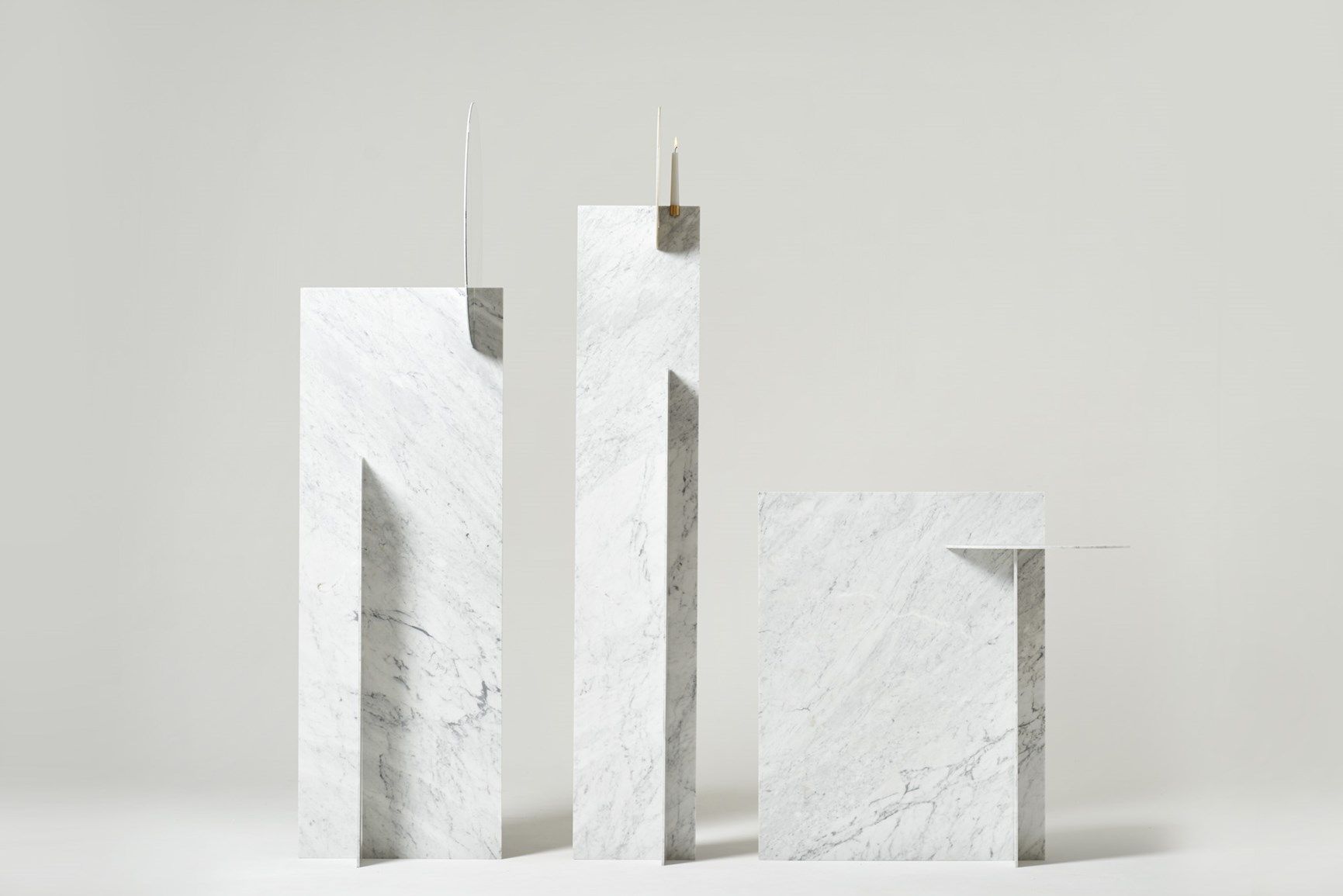 'Material Collisions'. Marble-Mirror Architectural Sculptures