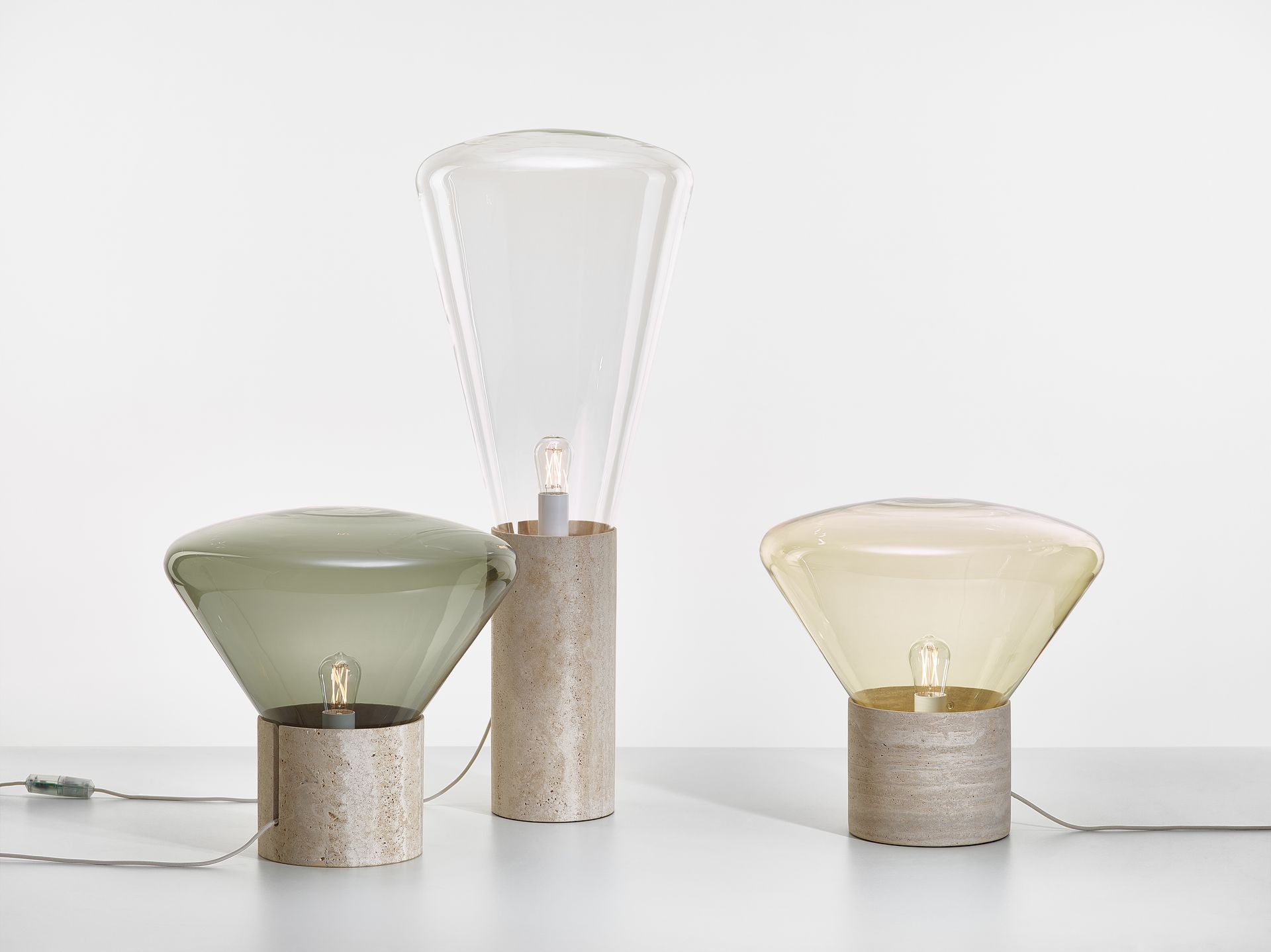 Brokis Muffins lamps in blown glass and Italian travertine