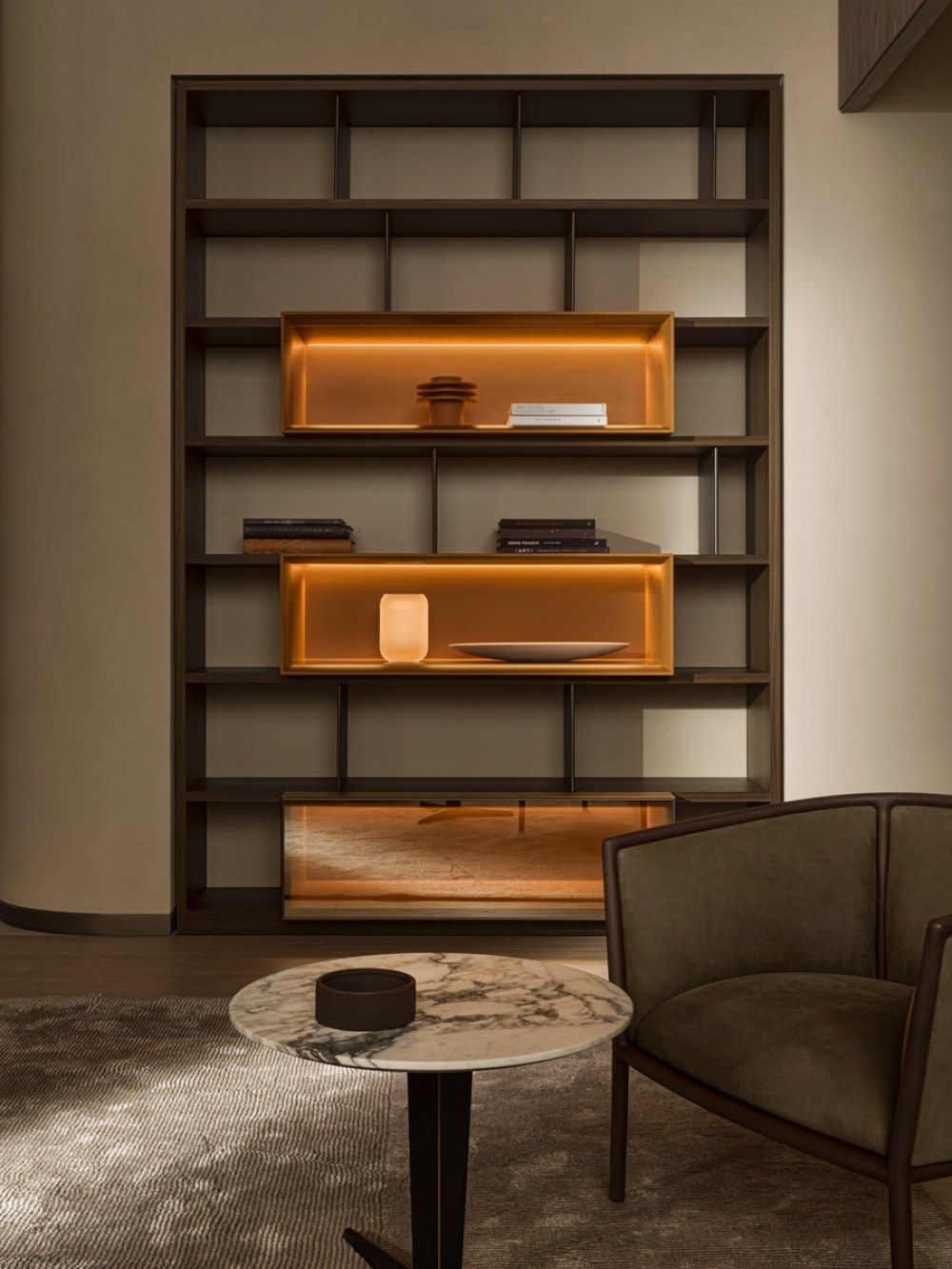 505 UP SYSTEM Sectional wooden bookcase with built-in lights By Molteni ...