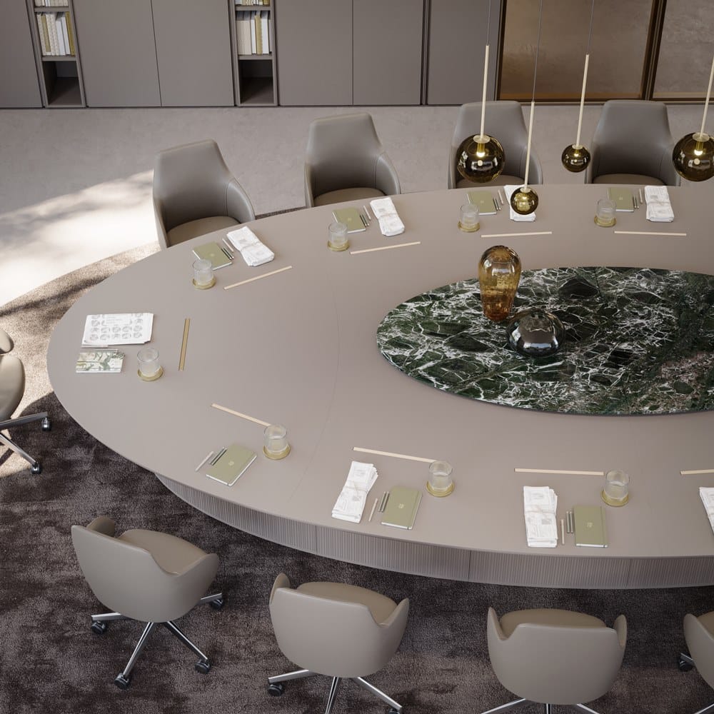 Tavolo da riunione ovale laccato con top centrale in marmo BESPOKE ...