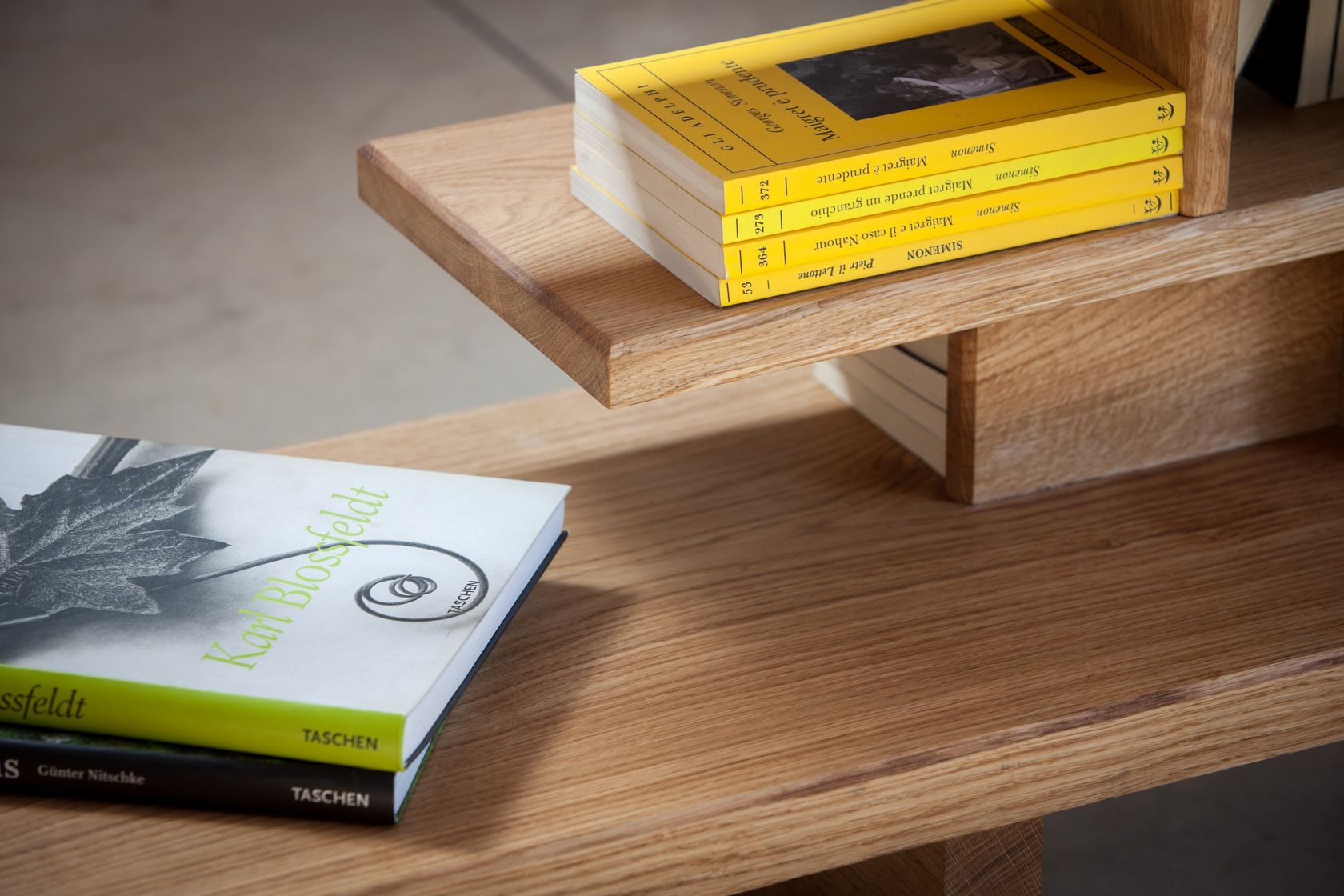 Freestanding double-sided oak bookcase with TV stand BOUQUIN By Xilolab