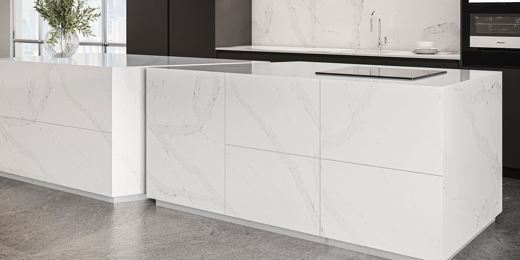 Reconstructed stone kitchen worktop with marble effect CALACATTA AMALFI ...