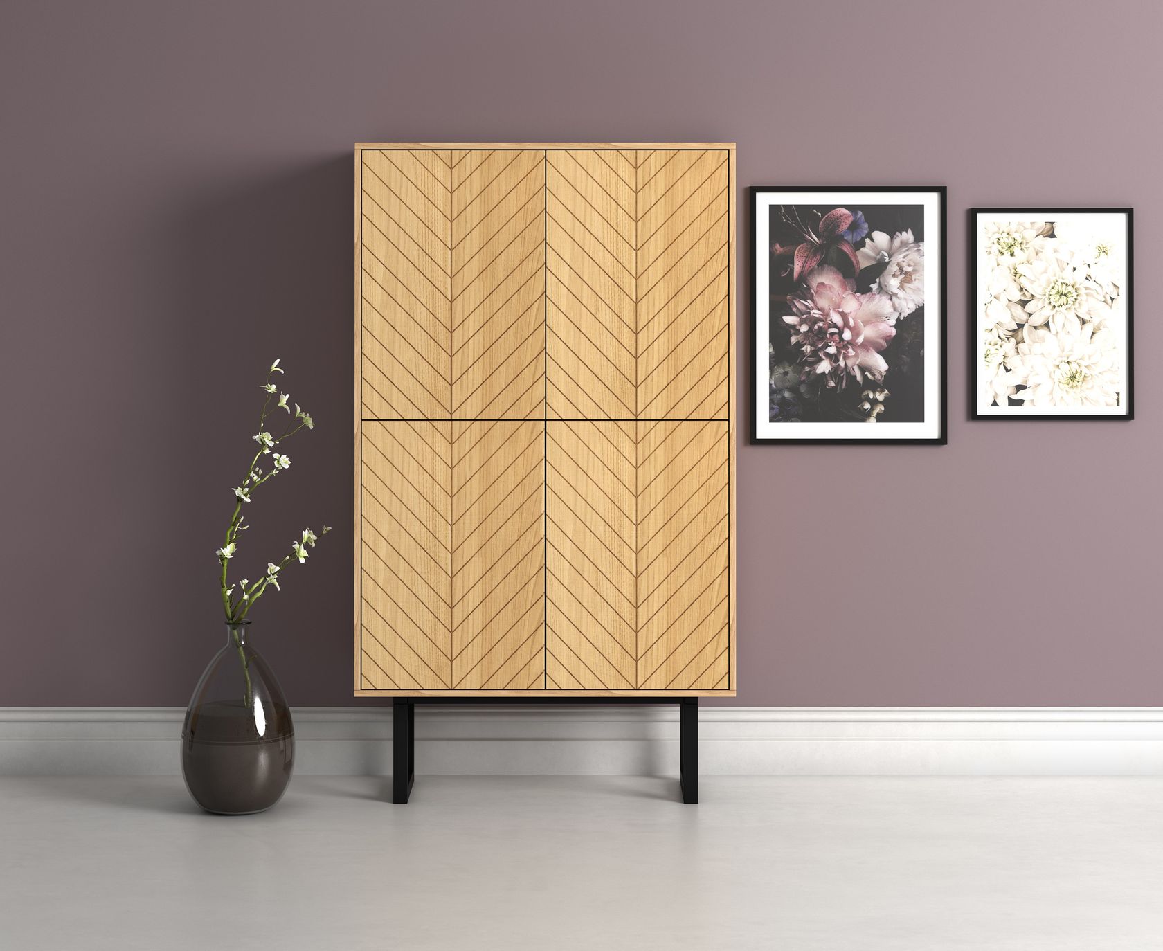CAMDEN HERRINGBONE | Highboard Wood veneer highboard with doors By Woodman