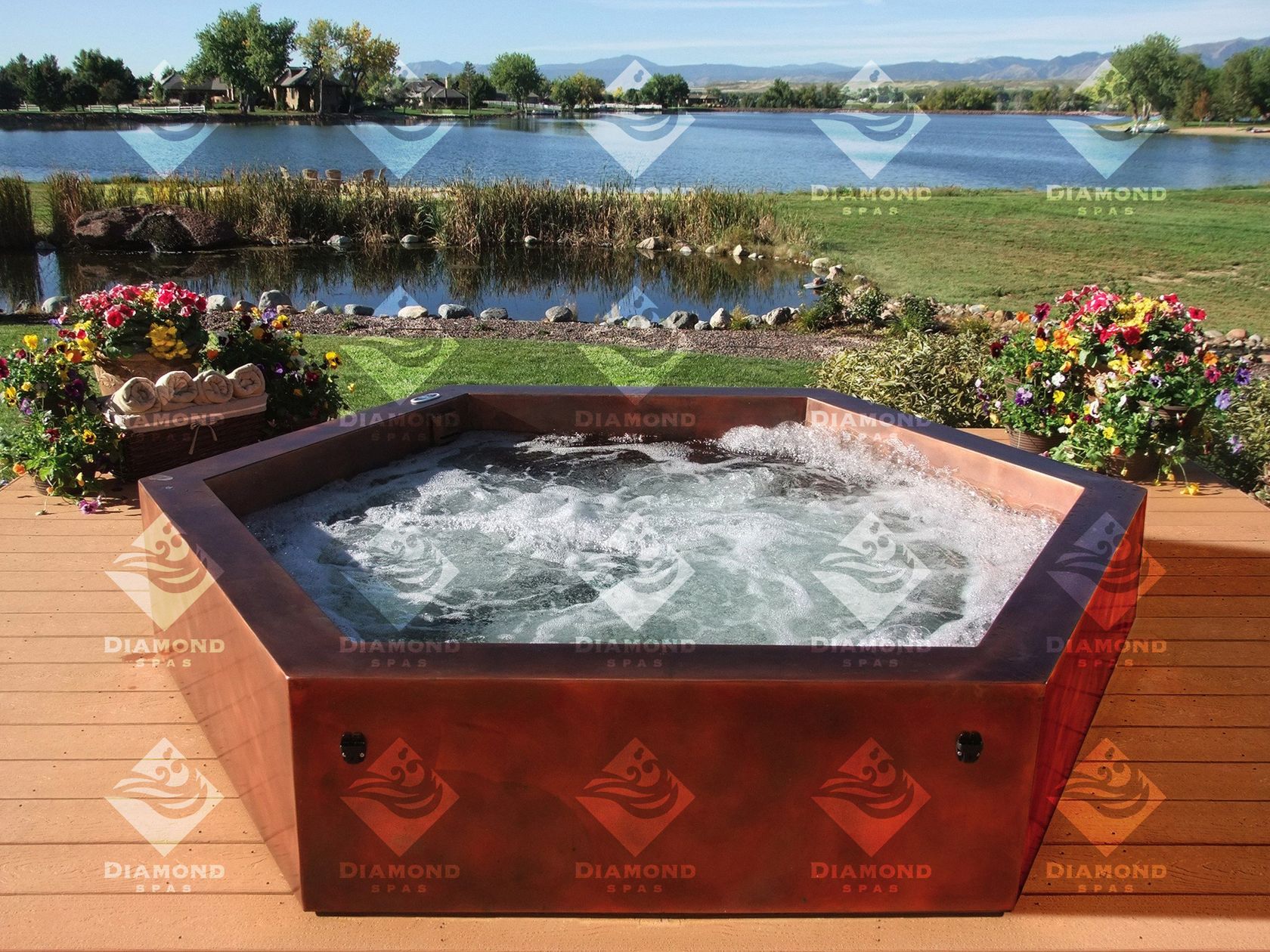 Hexagonal above-ground outdoor hot tub Copper Hot Tub By Diamond Spas