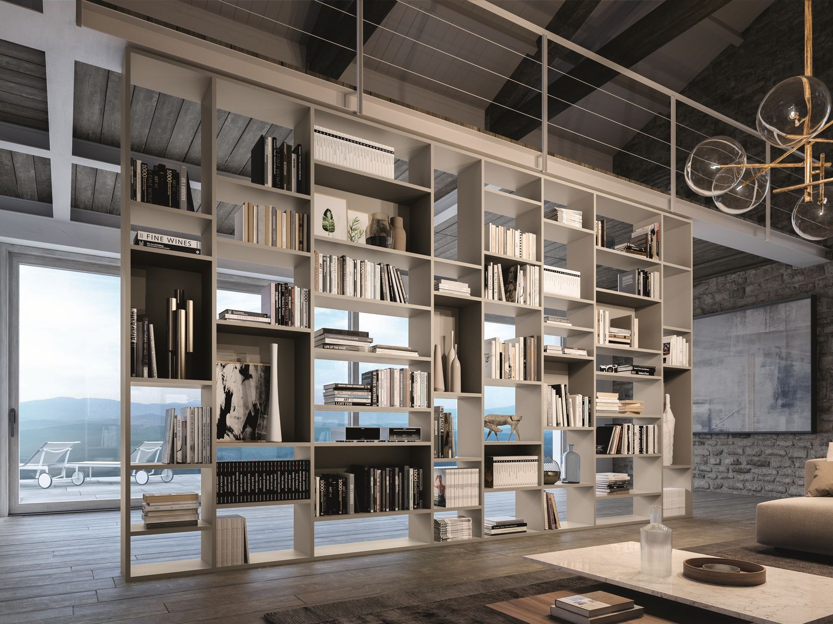 DAY SYSTEM 05 Wall-mounted wooden bookcase with TV stand By Composit