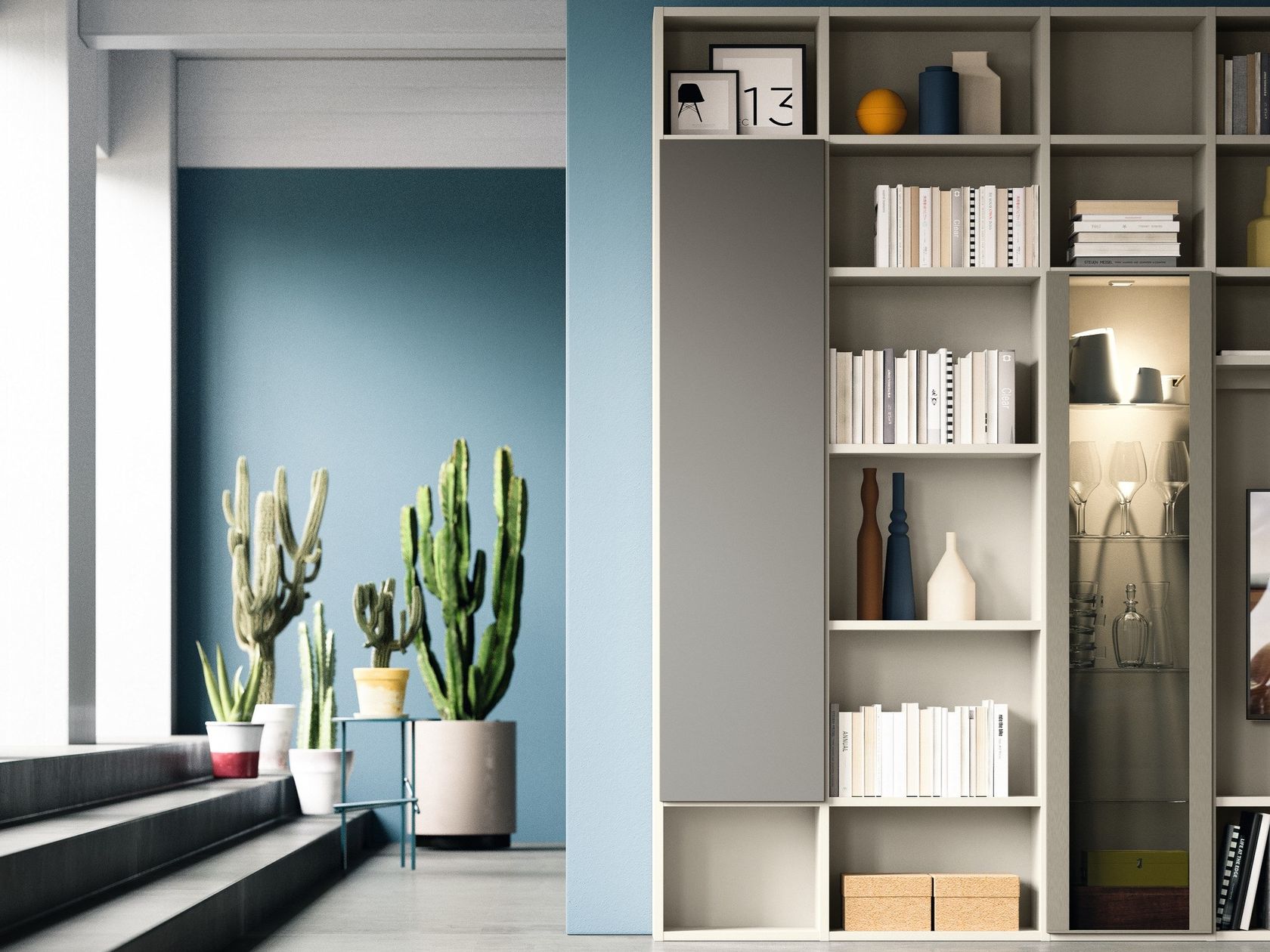 Contemporary style wall-mounted wooden bookcase with built-in lights ...