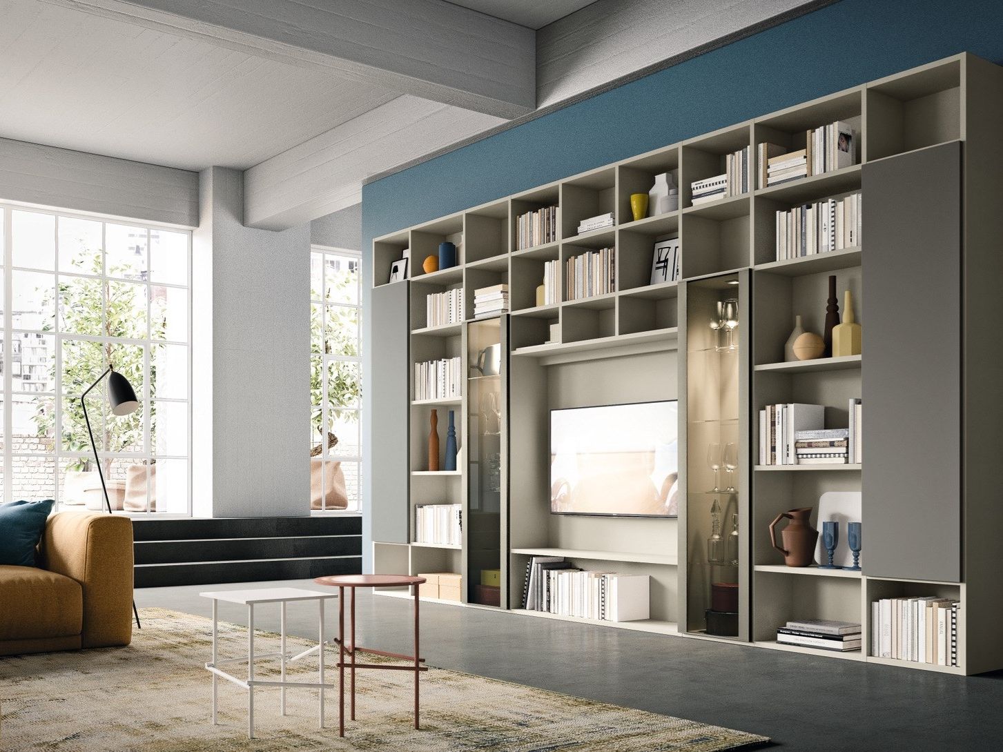 Contemporary style wall-mounted wooden bookcase with built-in lights ...