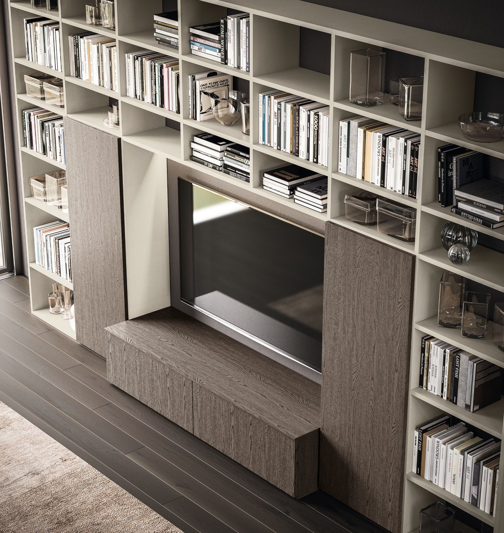 DAY SYSTEM 05 Wall-mounted wooden bookcase with TV stand By Composit