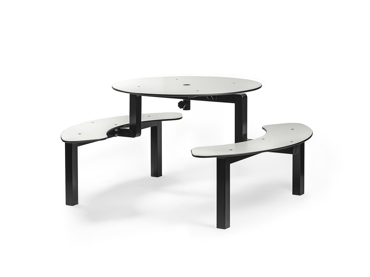 Round steel and wood monoblock canteen table with integrated benches ...