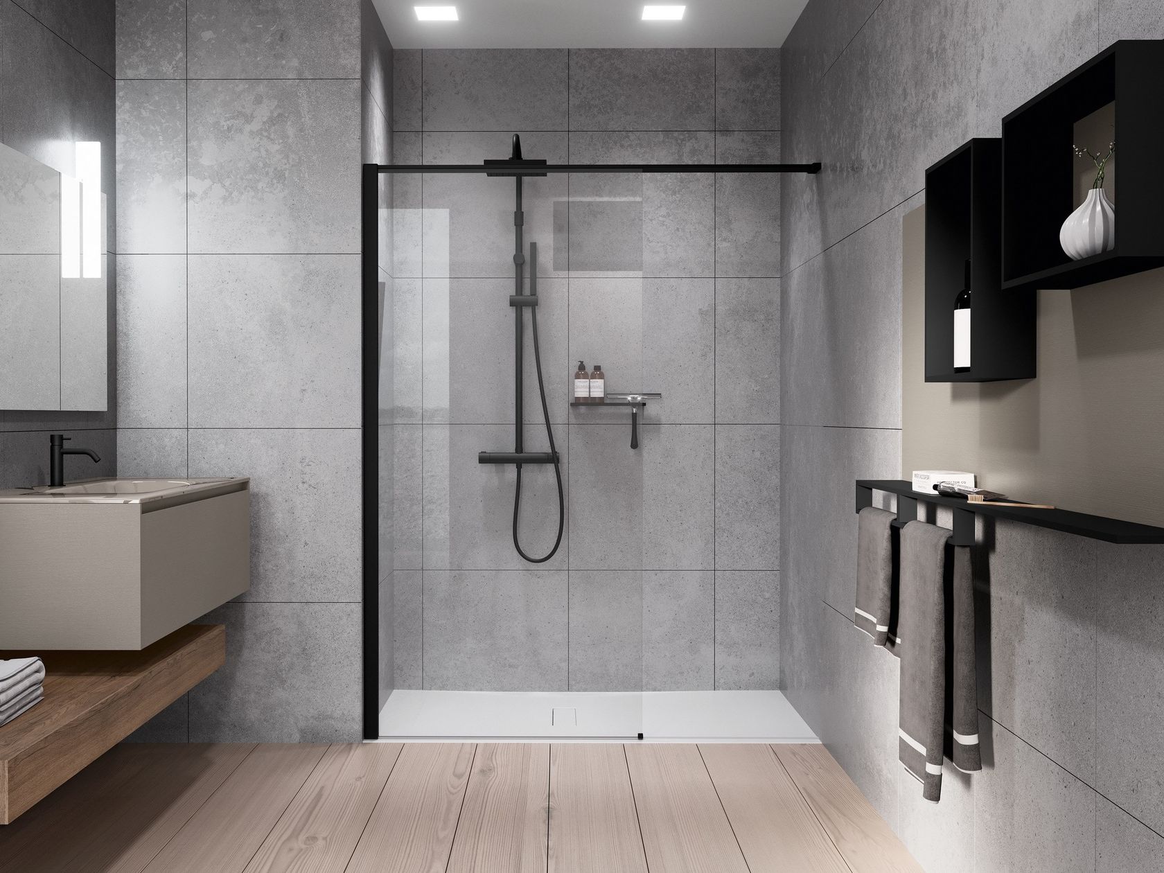 Aluminum and tempered glass shower panel in niche version KUADRA HN ...