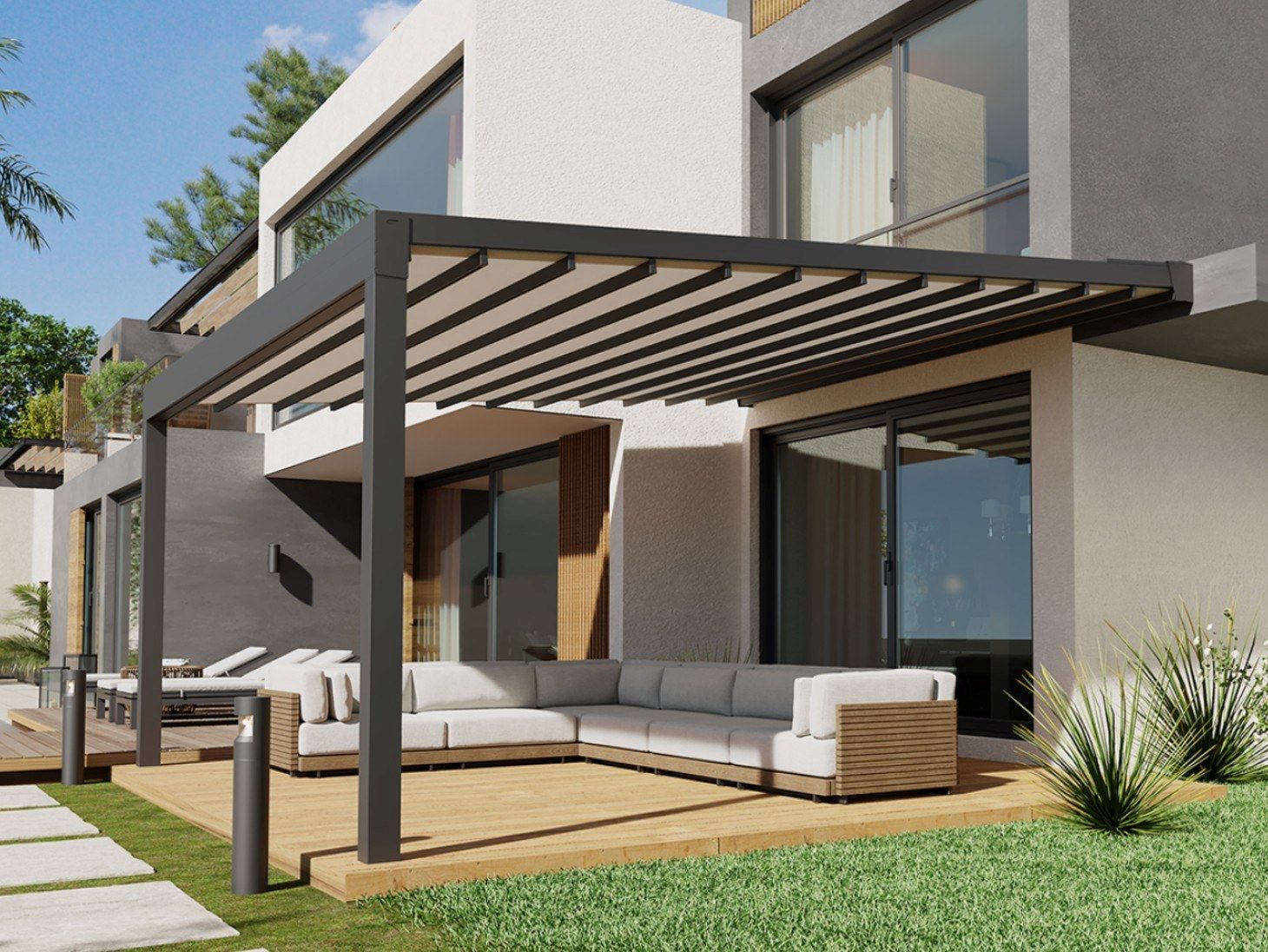 Motorized aluminium and PVC pergola with sliding cover LIPARI By MV Living