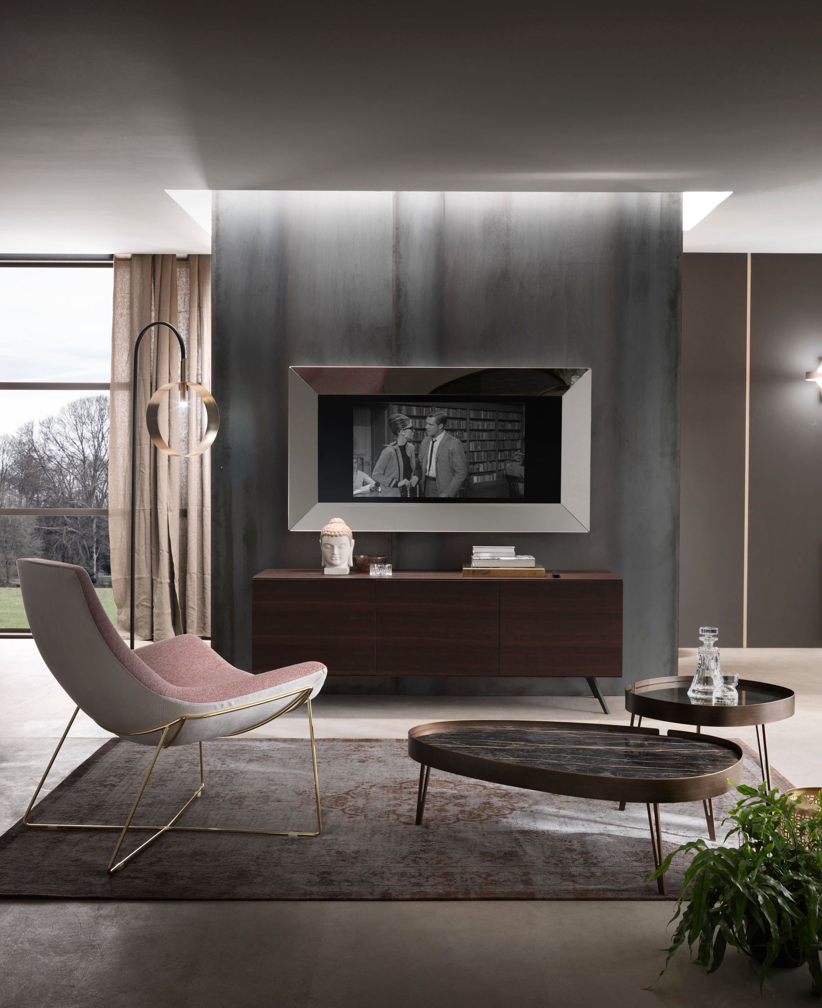 Framed wall-mounted aluminium mirror MIRRORING TV By RIFLESSI