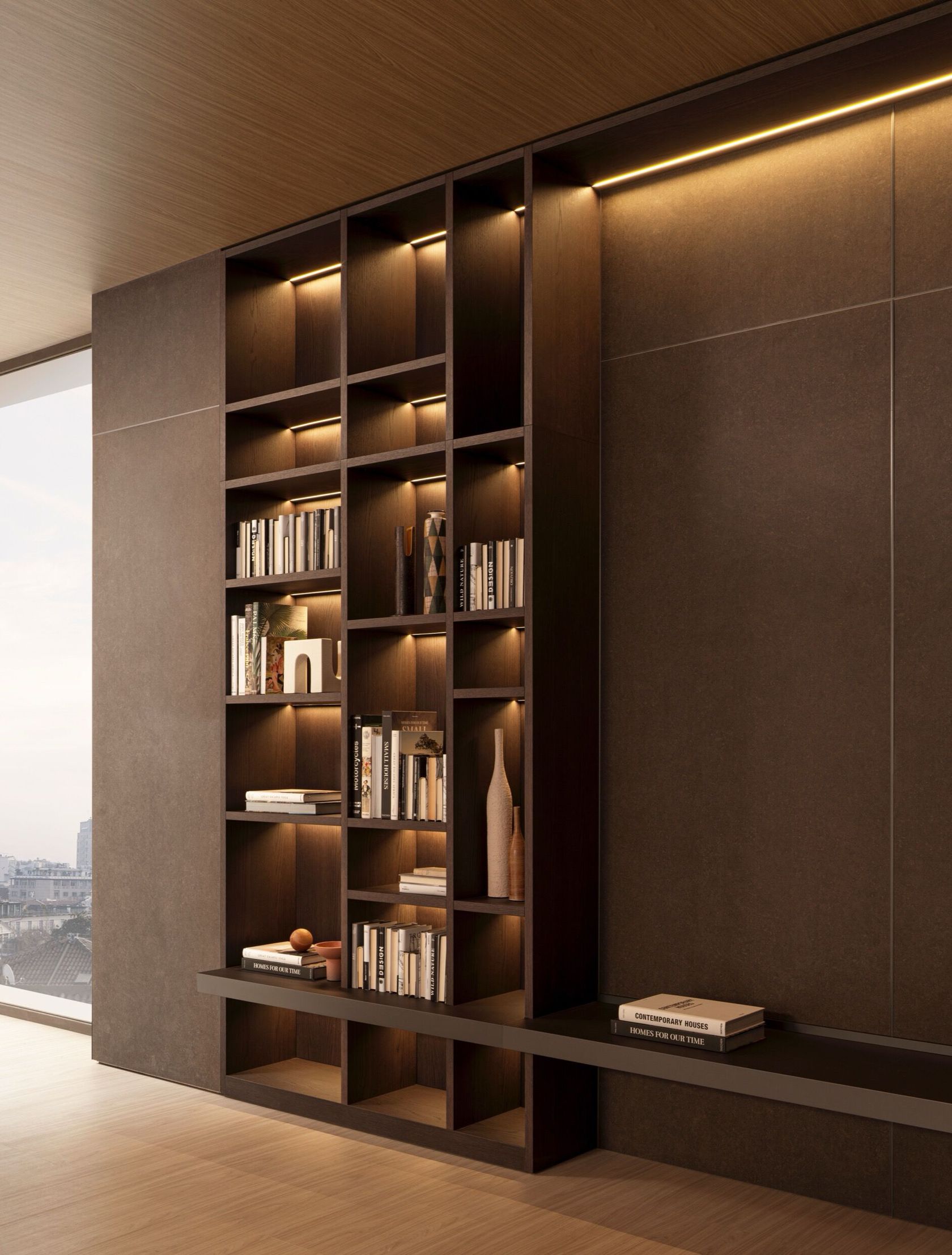 505 UP SYSTEM Sectional wooden bookcase with built-in lights By Molteni ...