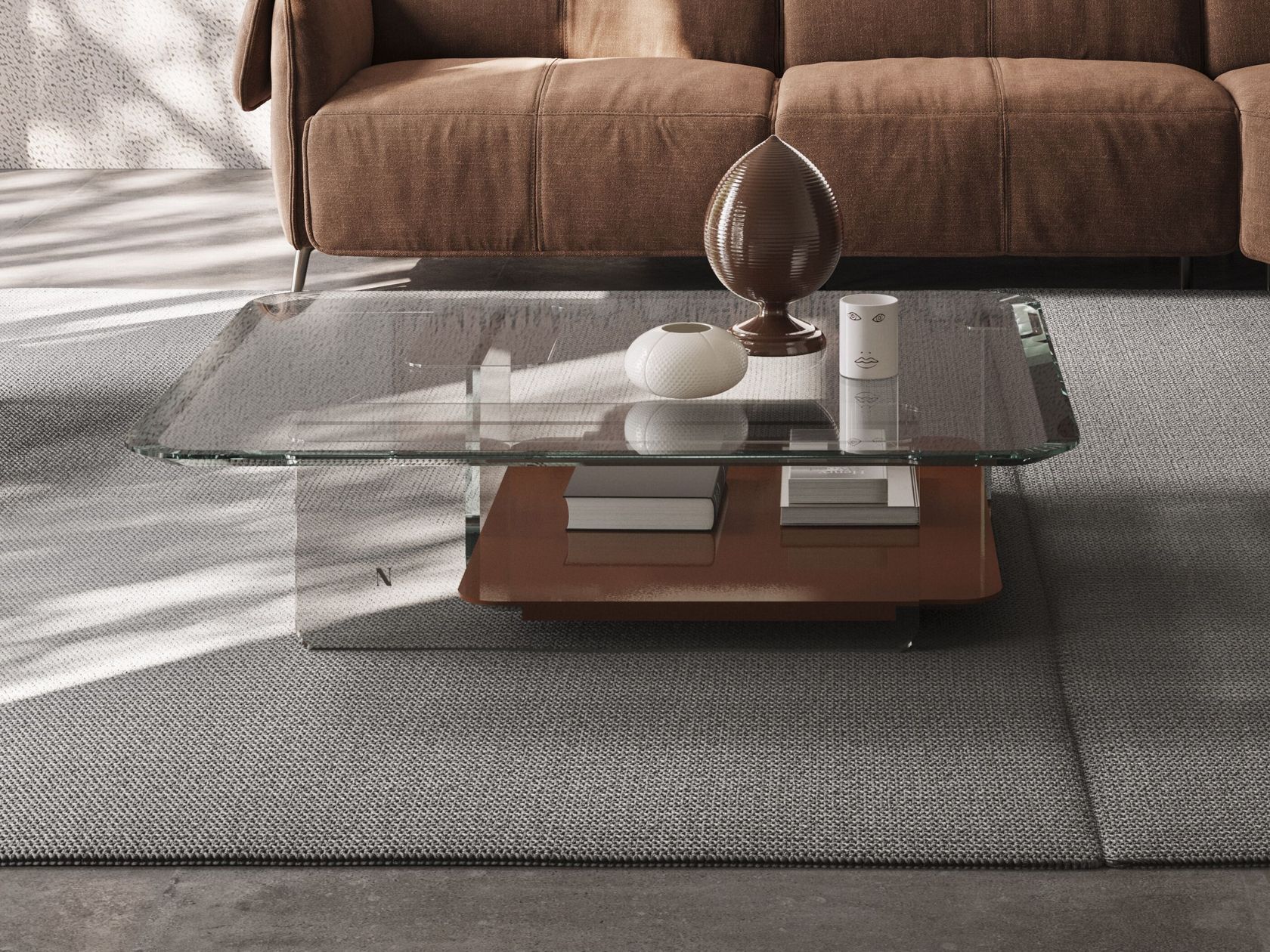 CAVA Rectangular low glass coffee table with integrated magazine rack ...