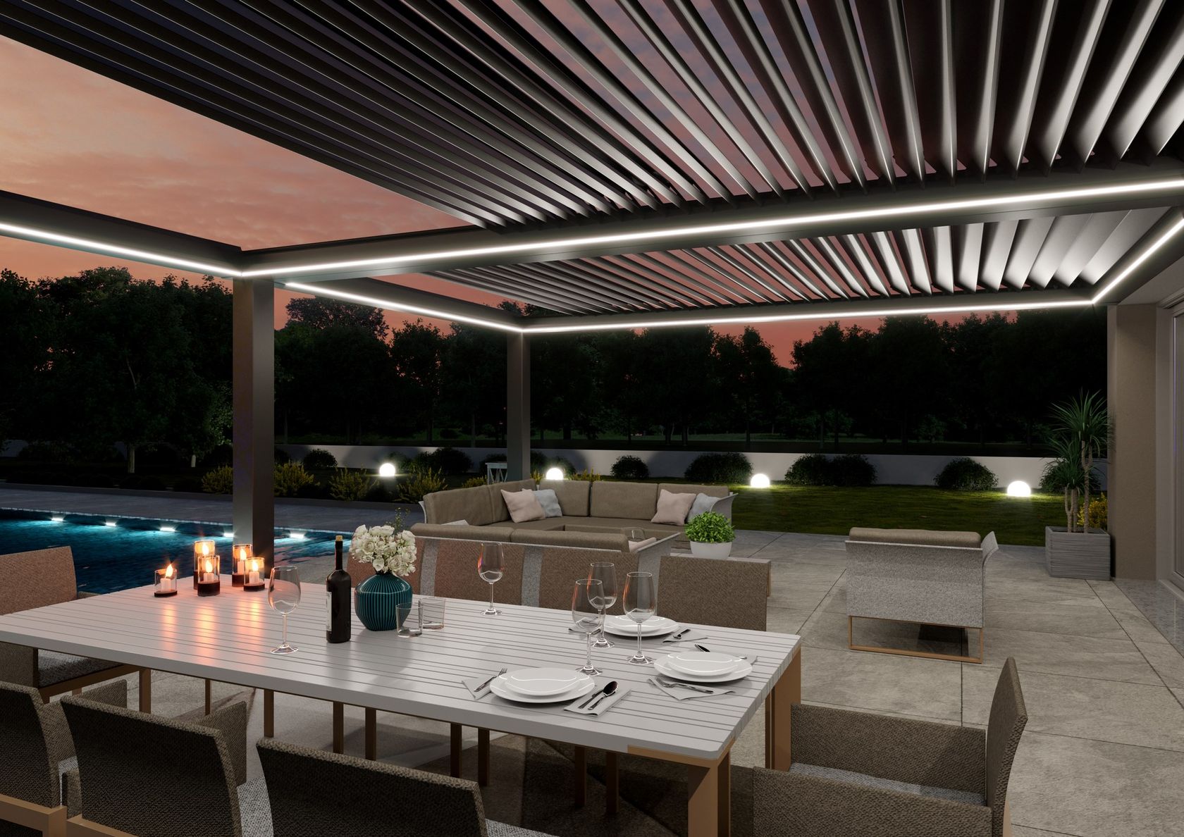 PERGOMOVE Wall-mounted metal pergola with folding louvers with ...