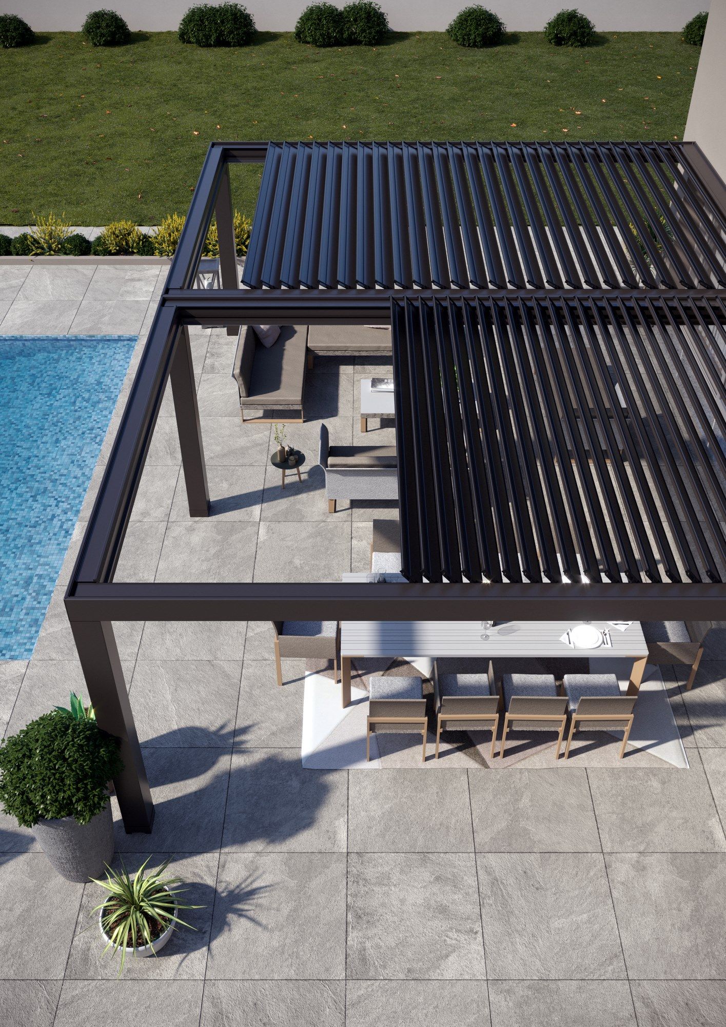 PERGOMOVE Wall-mounted metal pergola with folding louvers with ...