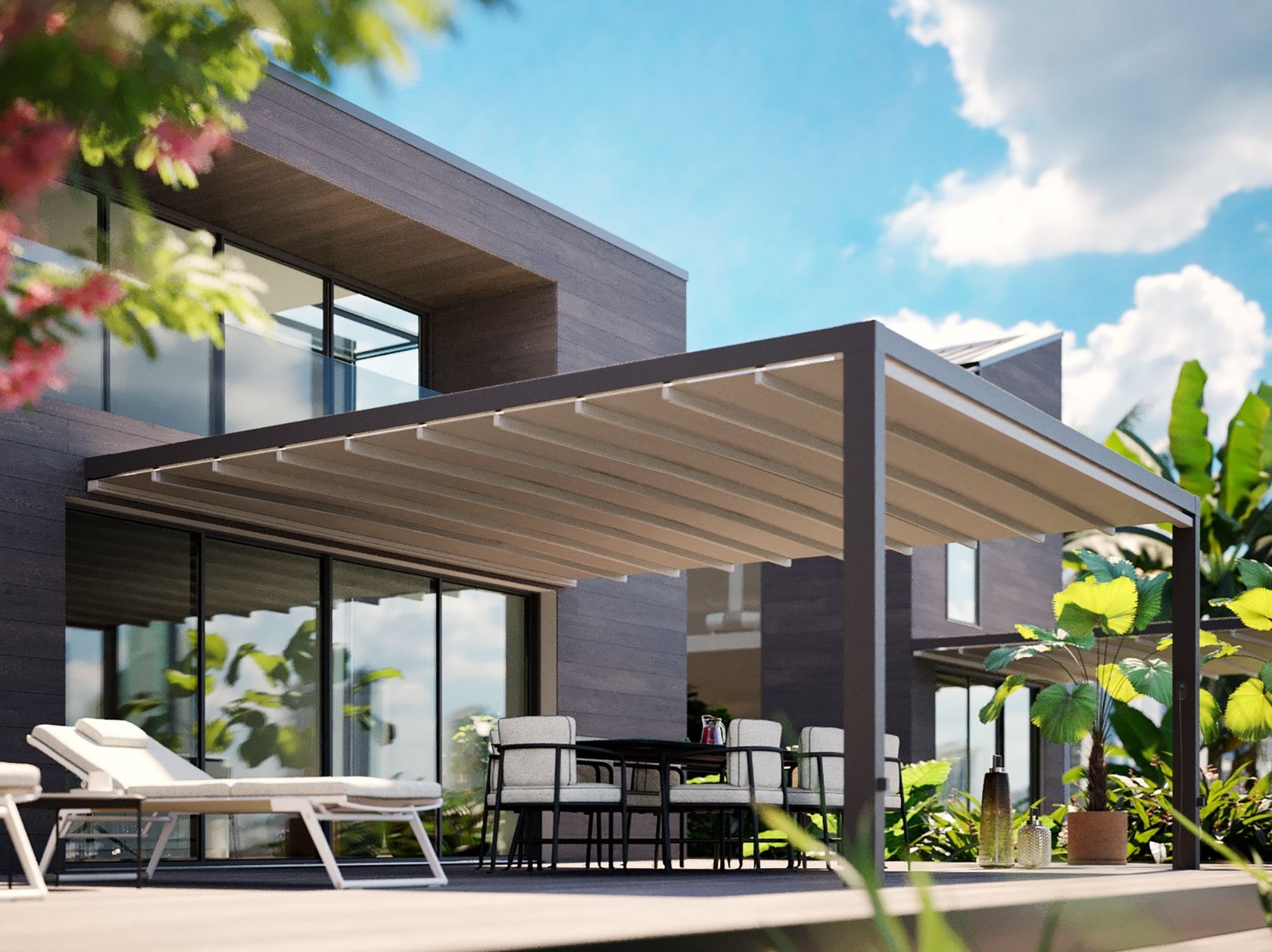 PHOENIX FREE Wall-mounted aluminium pergola with sliding cover By Pratic