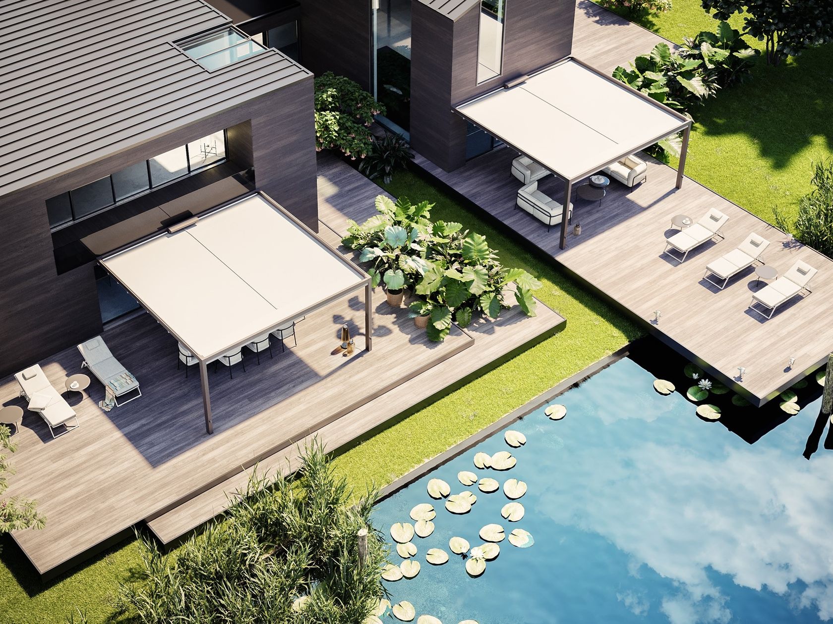 PHOENIX FREE Wall-mounted aluminium pergola with sliding cover By Pratic