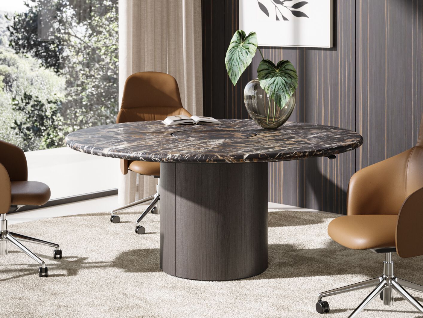 DEA MARBLE ROUND Round wooden meeting table with cable management and ...