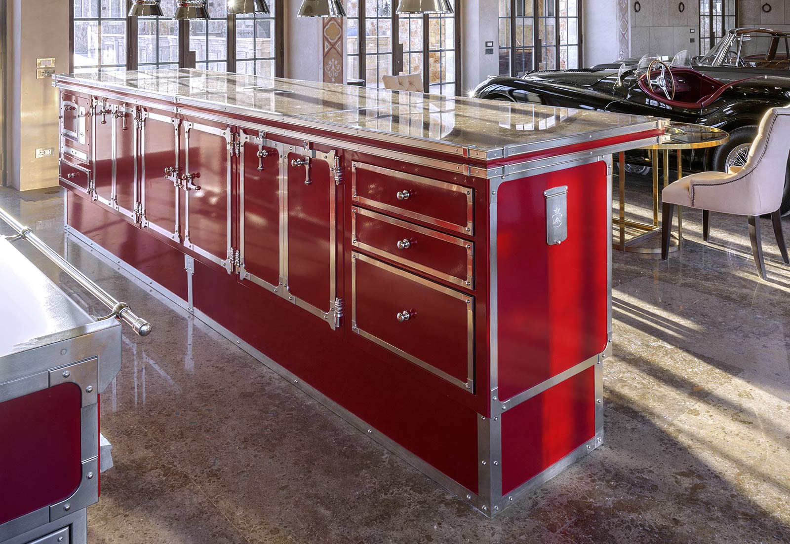 Professional custom steel kitchen with island RUBIN RED & BRUSHED ...