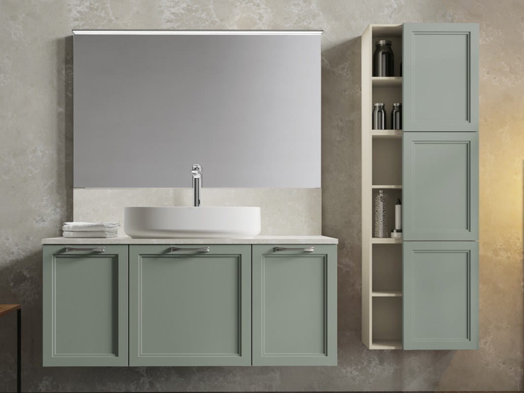 SETA 06 Mobile lavabo sospeso in legno con specchio By Archeda