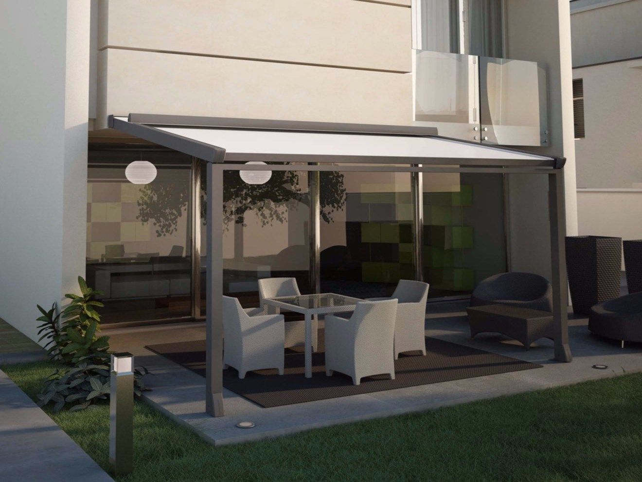 SINTESI Wall-mounted PVC pergola with sliding cover By HELLA