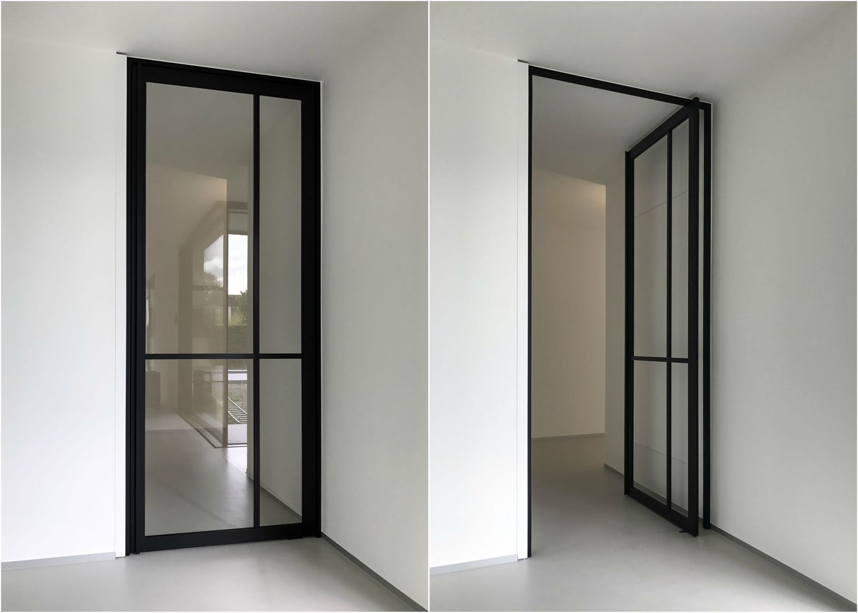 SKD75 STEEL LOOK Glass and aluminium offset axis pivot door By Anyway Doors