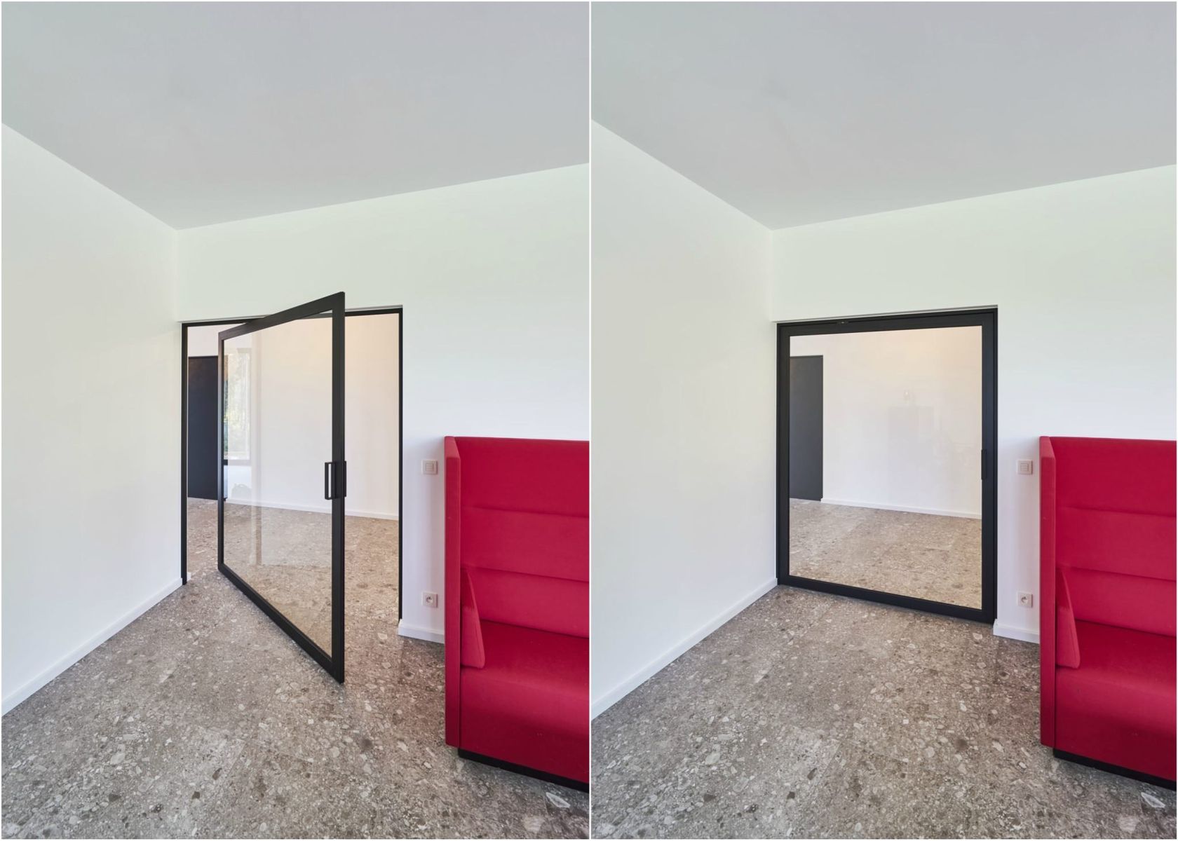 PIVOTING ROOM DIVIDERS Glass and aluminium offset axis pivot door By ...