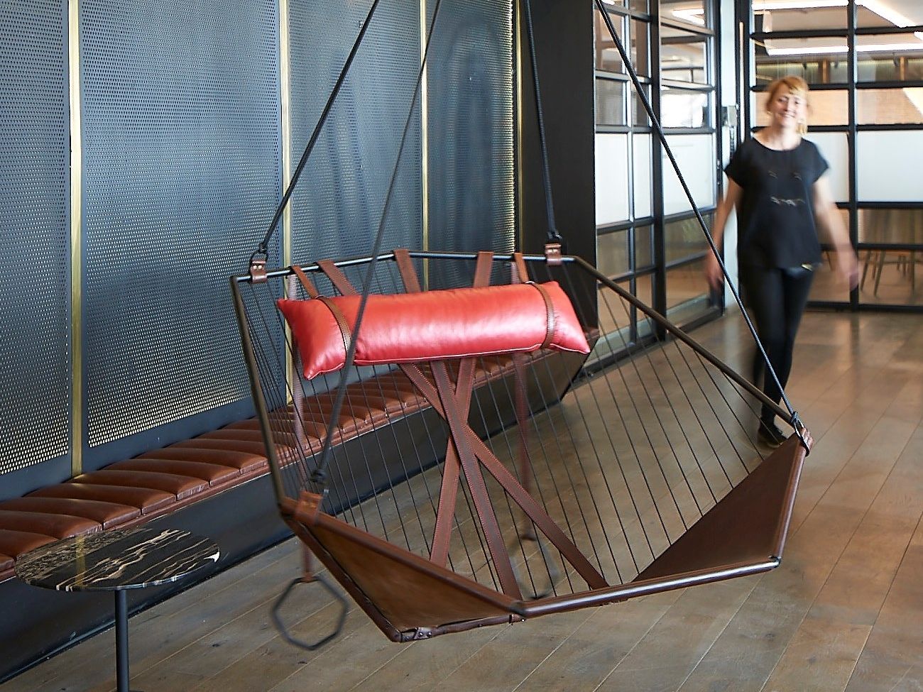 ANGULAR SLING Leather hanging chair swing seat By Studio Stirling ...