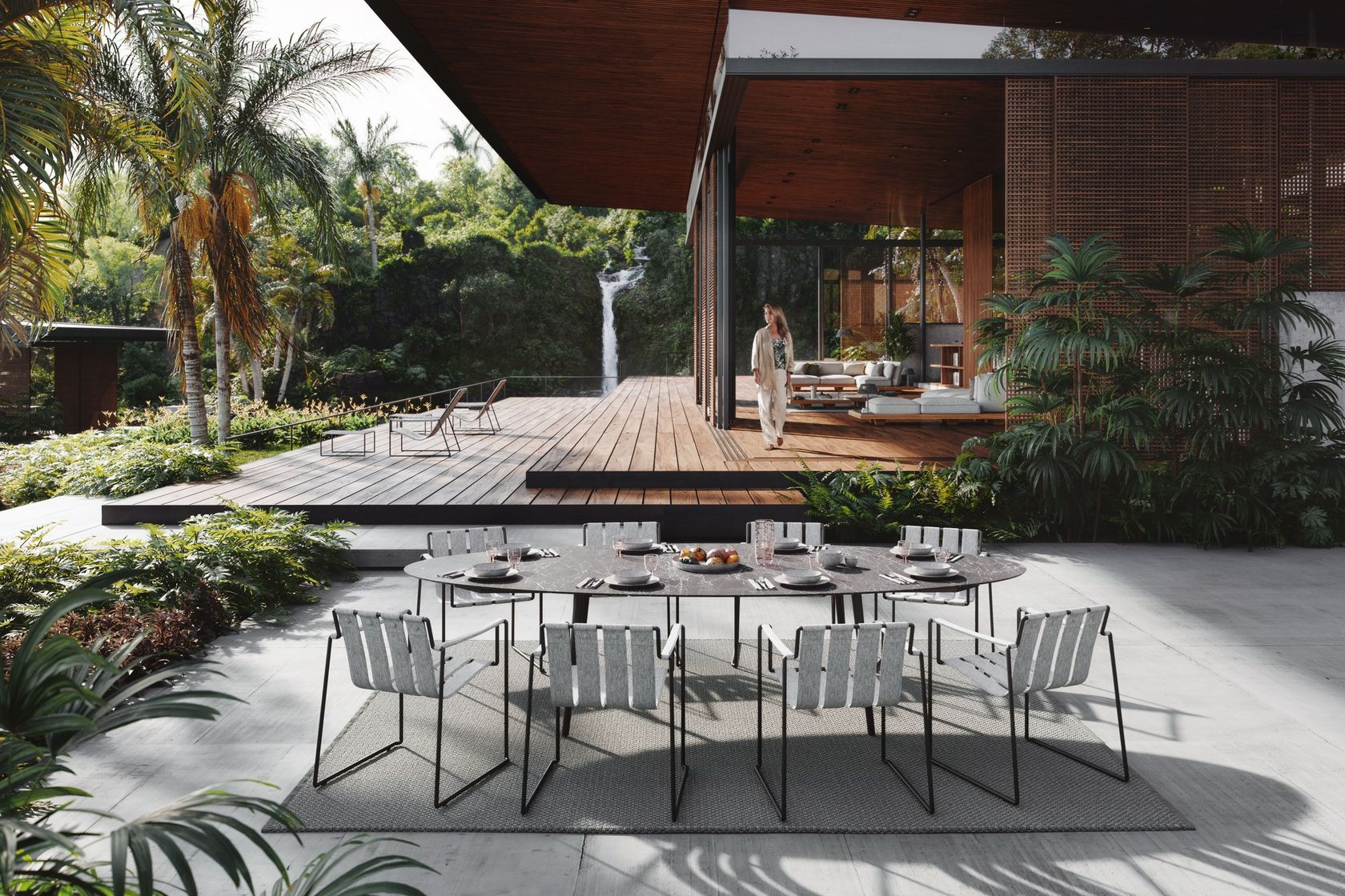 STRAPPY Sled base fabric garden chair with armrests By Royal Botania