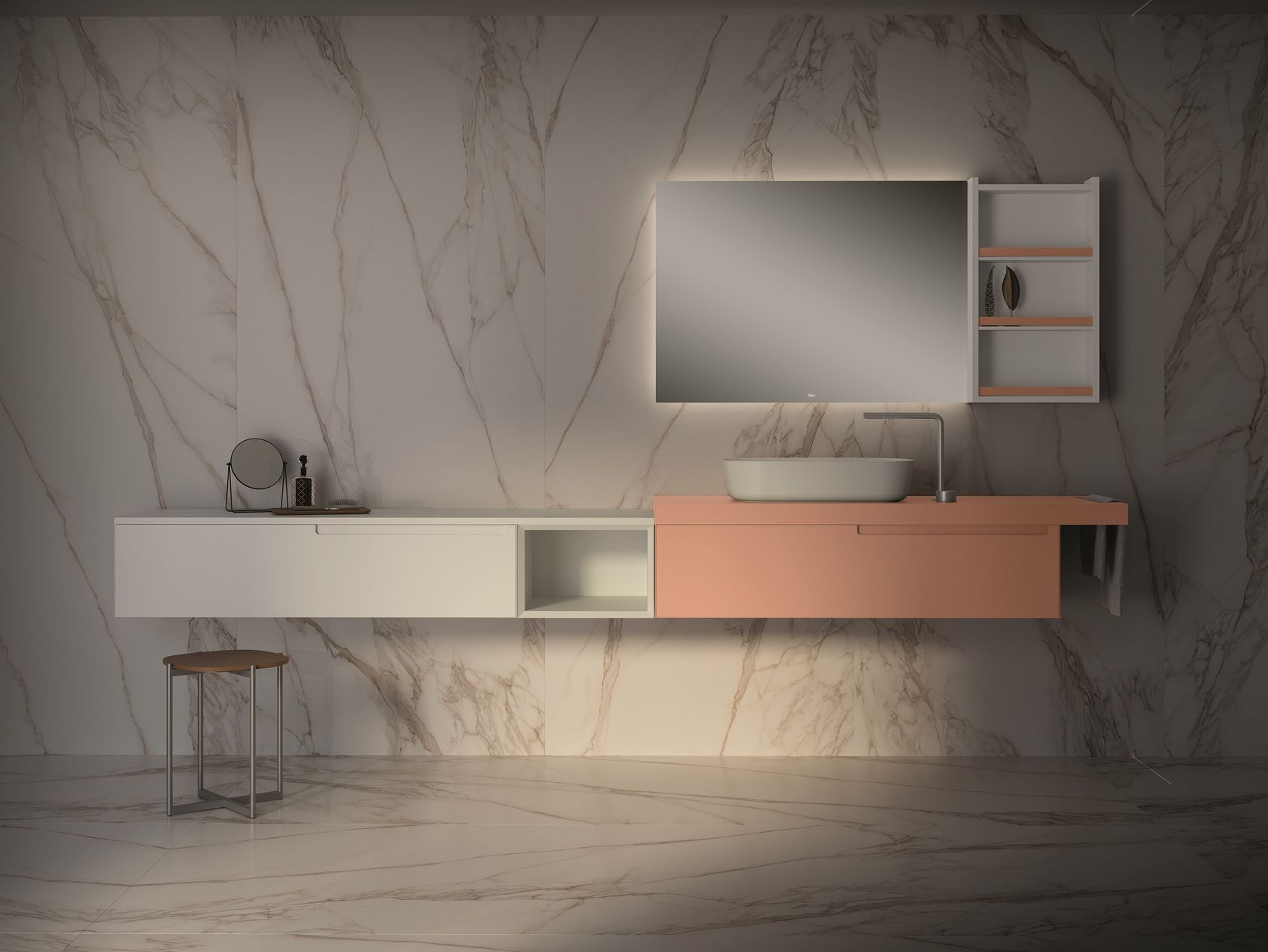SYNERGY Single polyurethane vanity unit with Carrara marble top By Fiora