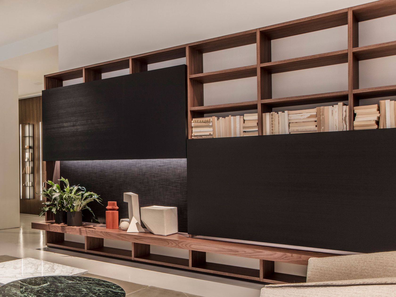 SYSTEM 2018 Wall-mounted walnut bookcase By Porro | design Piero Lissoni