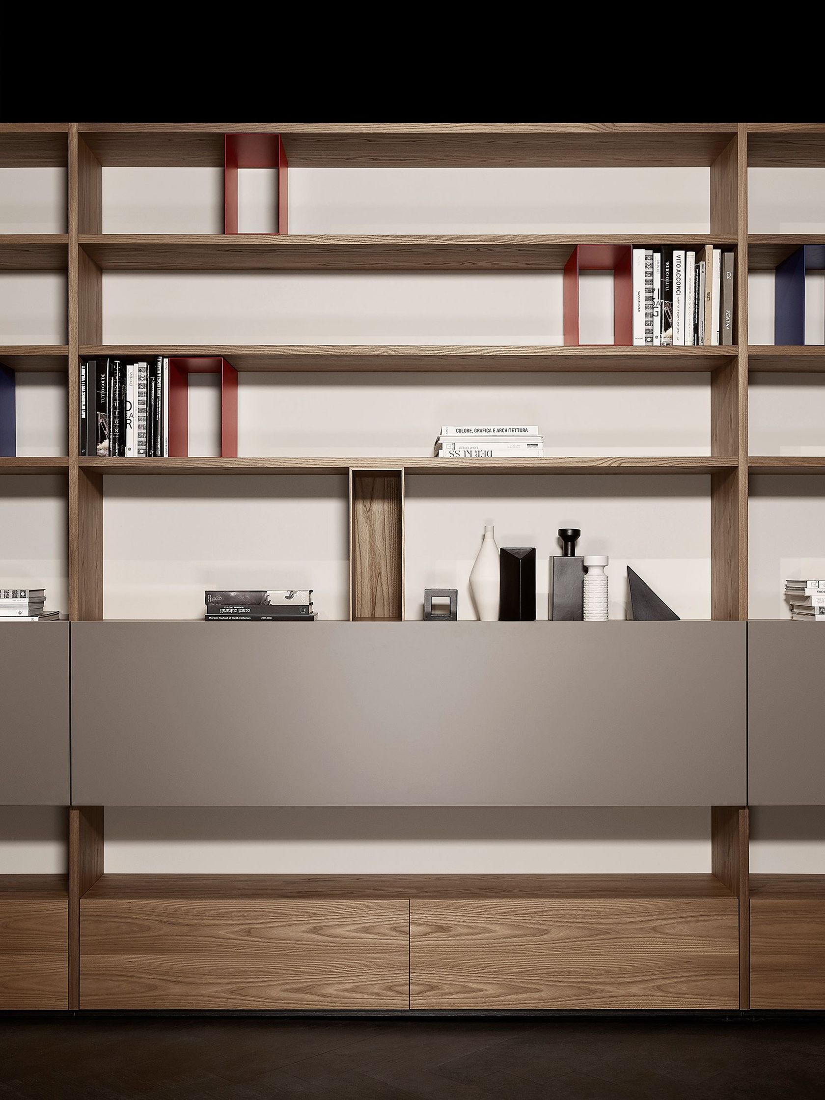 SYSTEM 2018 Wall-mounted walnut bookcase By Porro | design Piero Lissoni