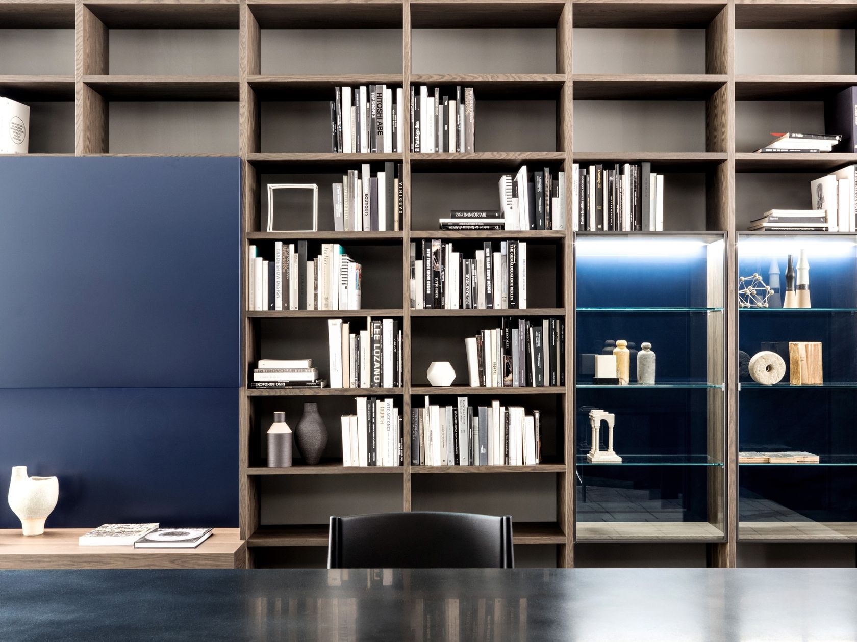 SYSTEM 2018 Wall-mounted walnut bookcase By Porro | design Piero Lissoni