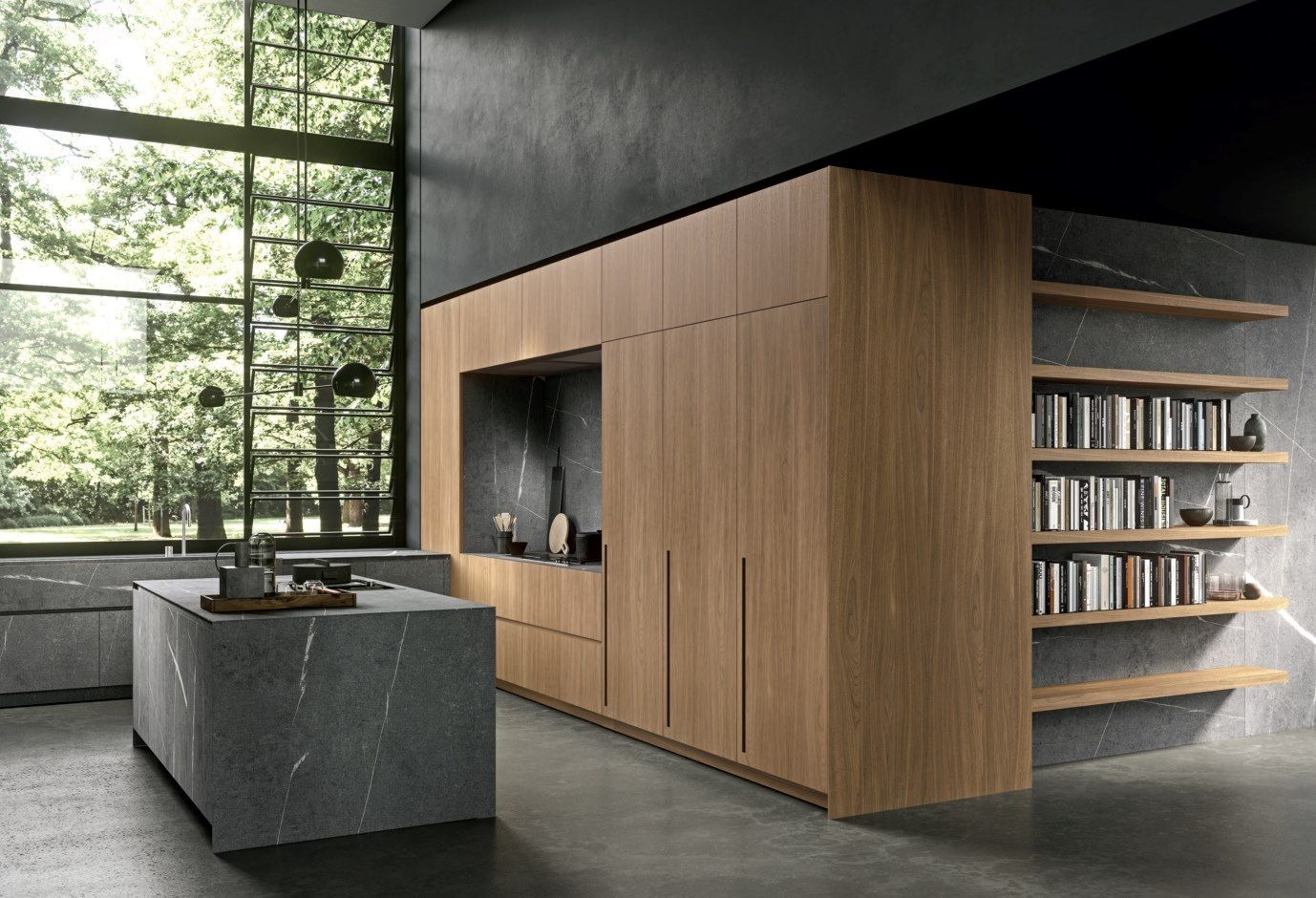 Cucina con isola in noce e gres TWENTY FLY Collezione Twenty By MODULNOVA