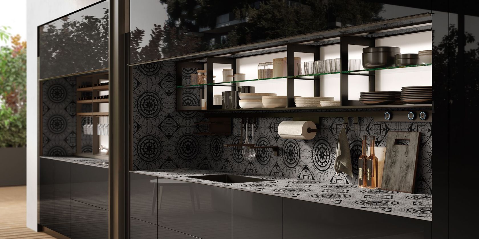 LOGICA CELATA VITRUM GLOSS WARM BLACK Glass kitchen without handles ...