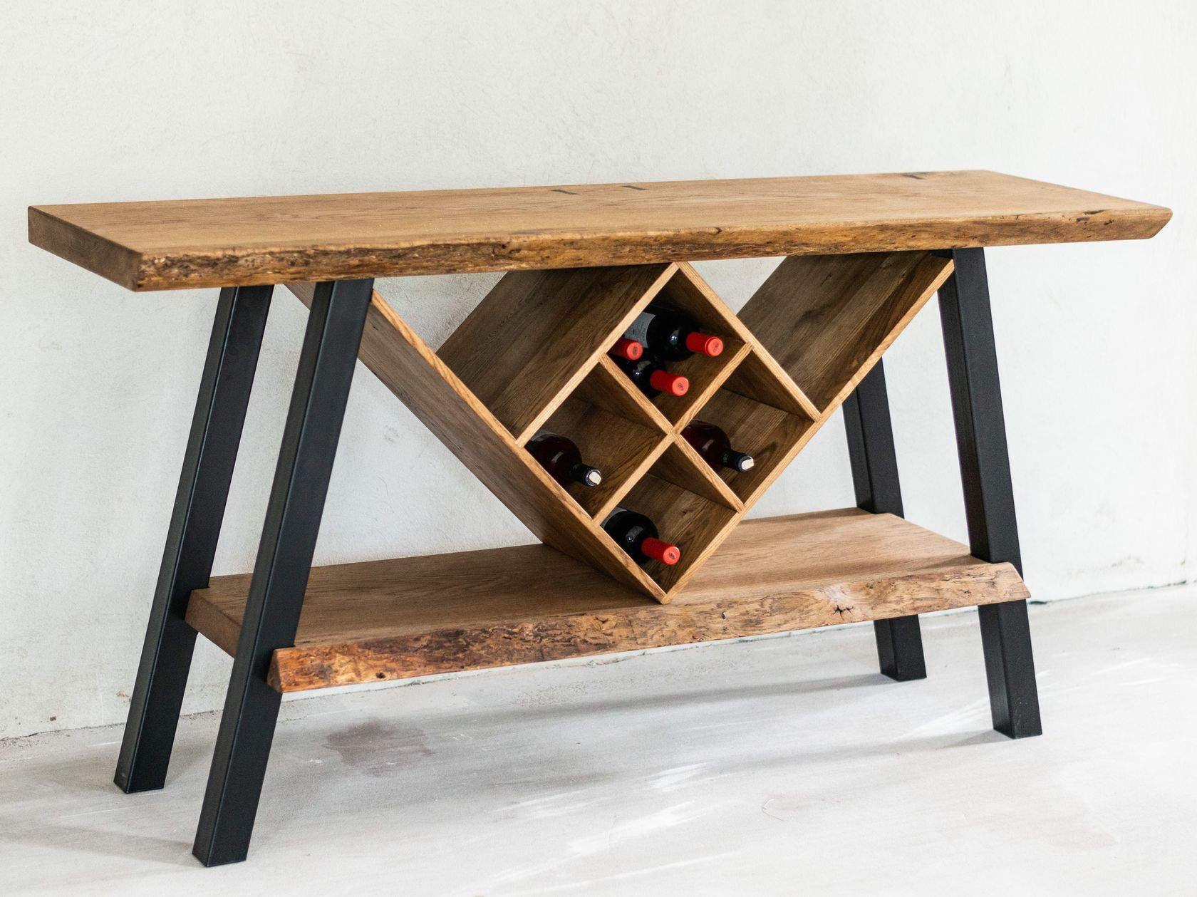 Rectangular oak console table with shelving WINE TABLE By Strømdal Design