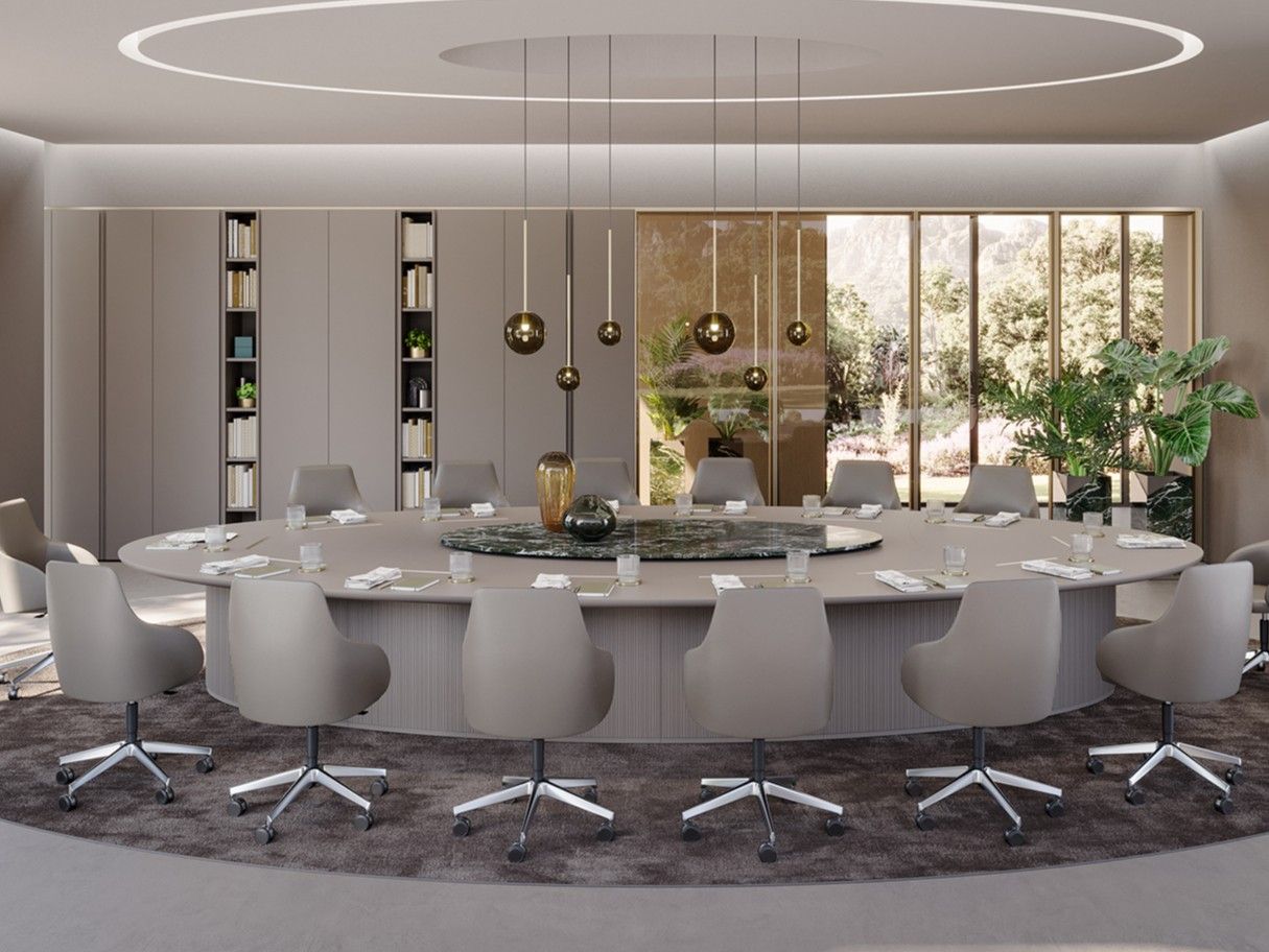 Tavolo da riunione ovale laccato con top centrale in marmo BESPOKE ...