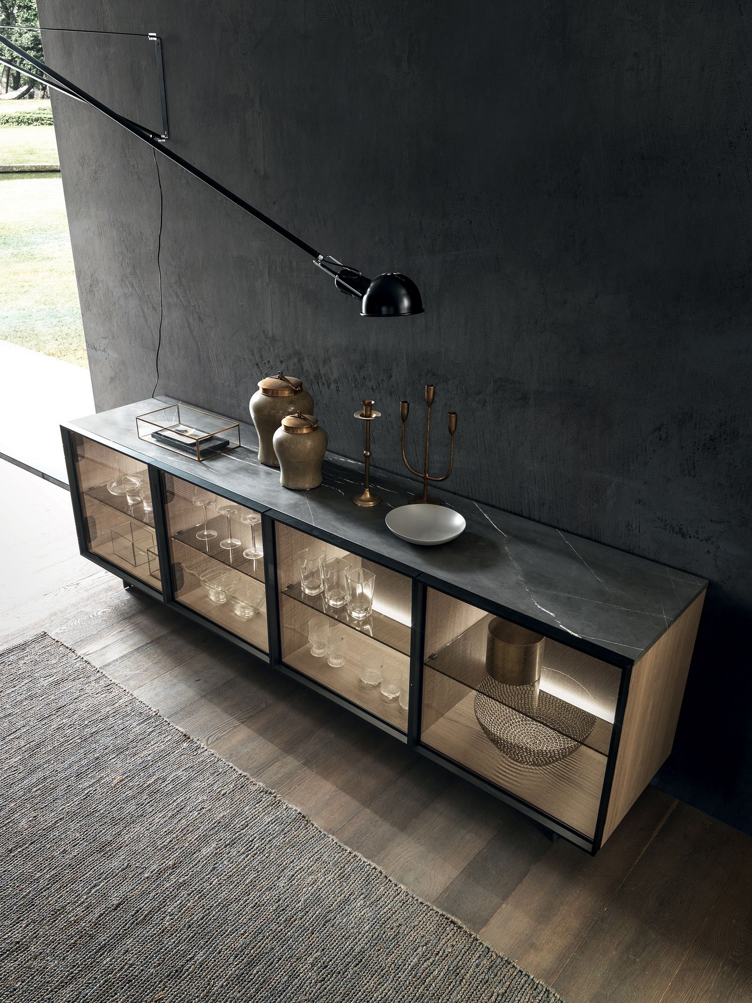 Wood and glass sideboard with integrated lighting FLOAT MH6 Collection ...
