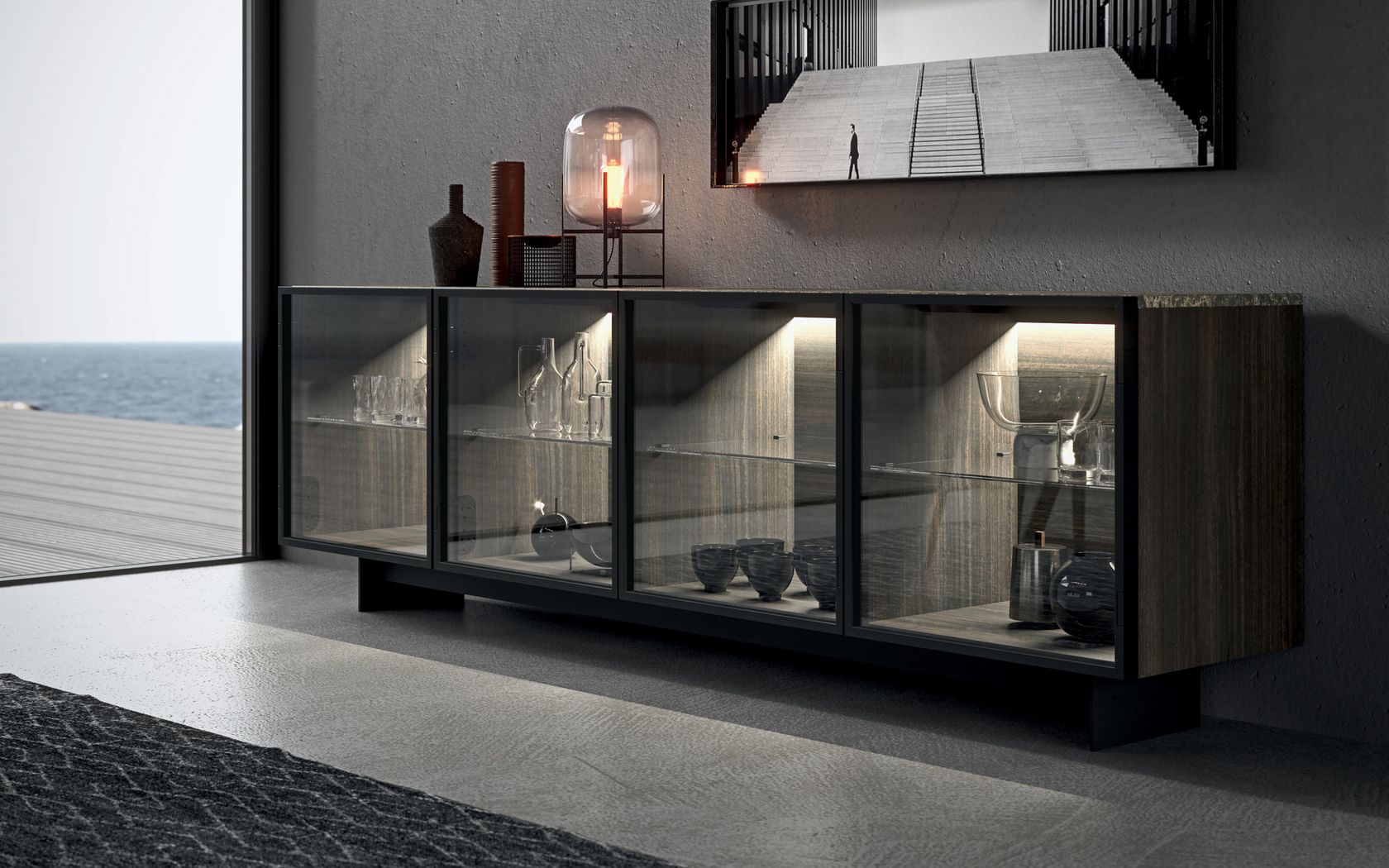 Wood and glass sideboard with integrated lighting FLOAT MH6 Collection ...